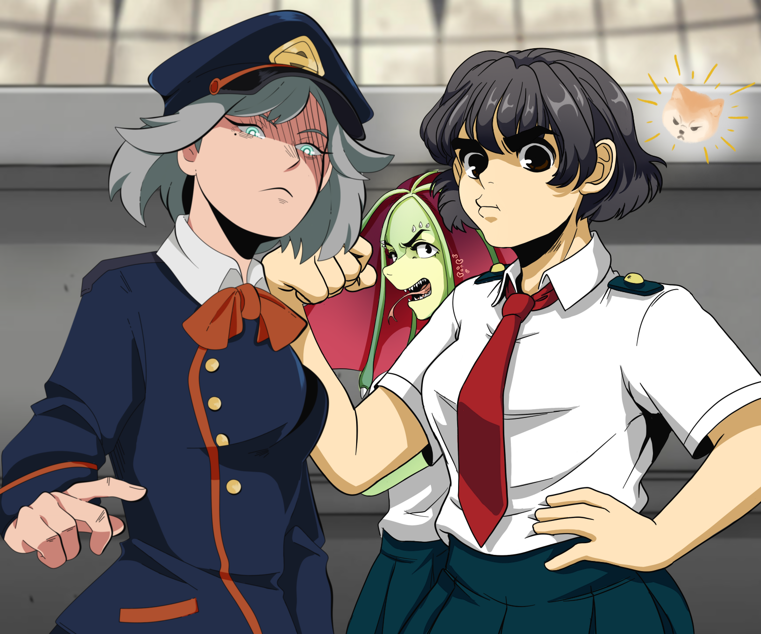 Pixydraws Open Collab her girl Kyoko (left) protecting my girls Monomiya and Ryoka from a small ...