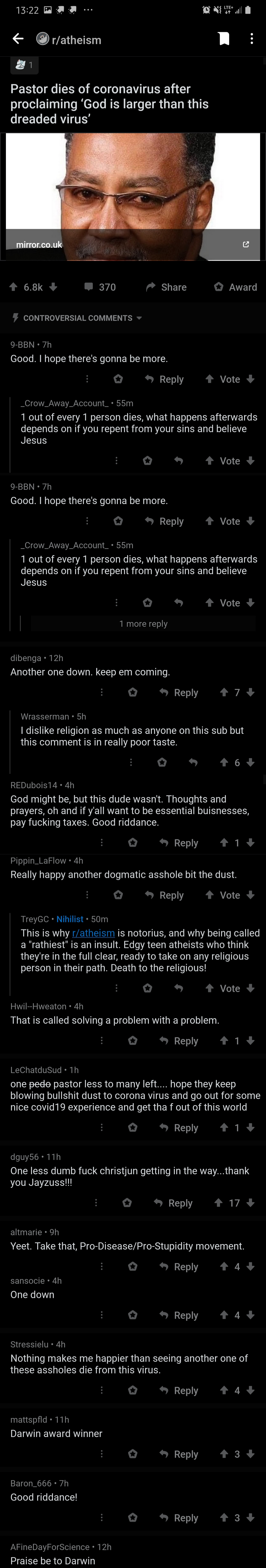 R/atheism again, saying a christian pastor sying is good. Last post had a link to comments, this ...