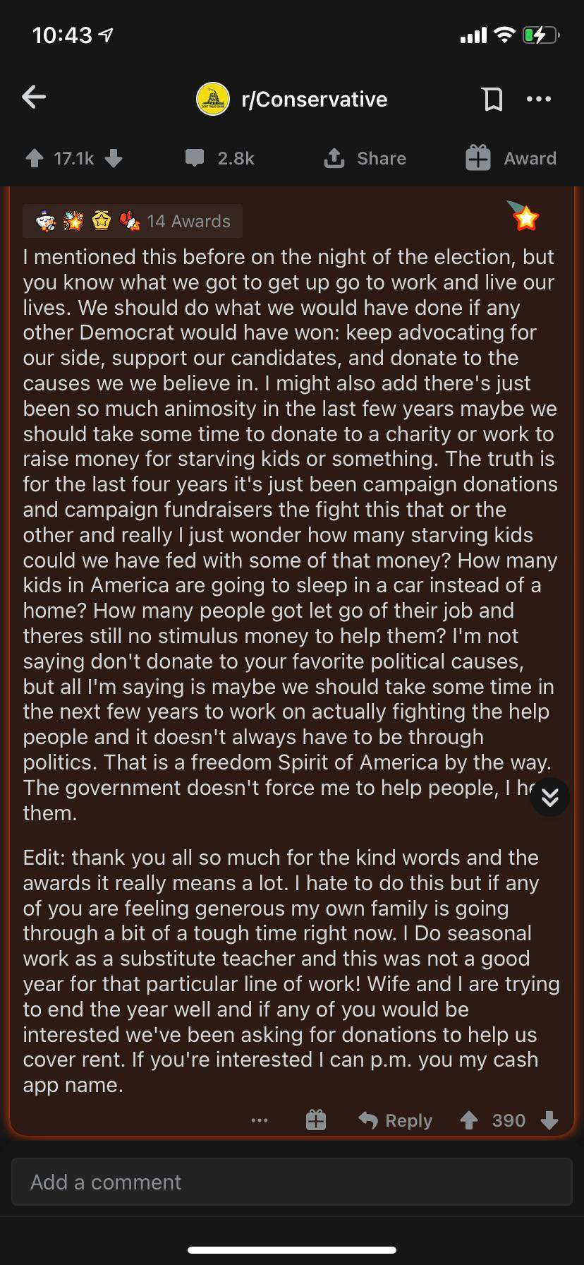 r/Conservative poster asks for donations. Read his edit. | Scrolller