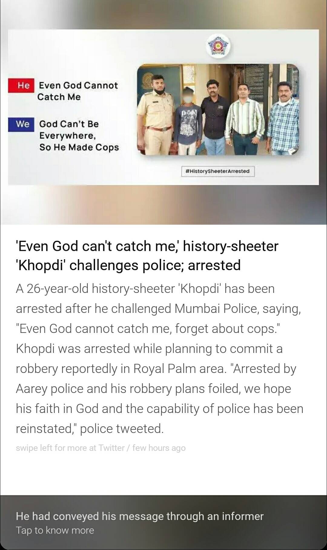 Robber arrested after challenging Mumbai Police | Scrolller