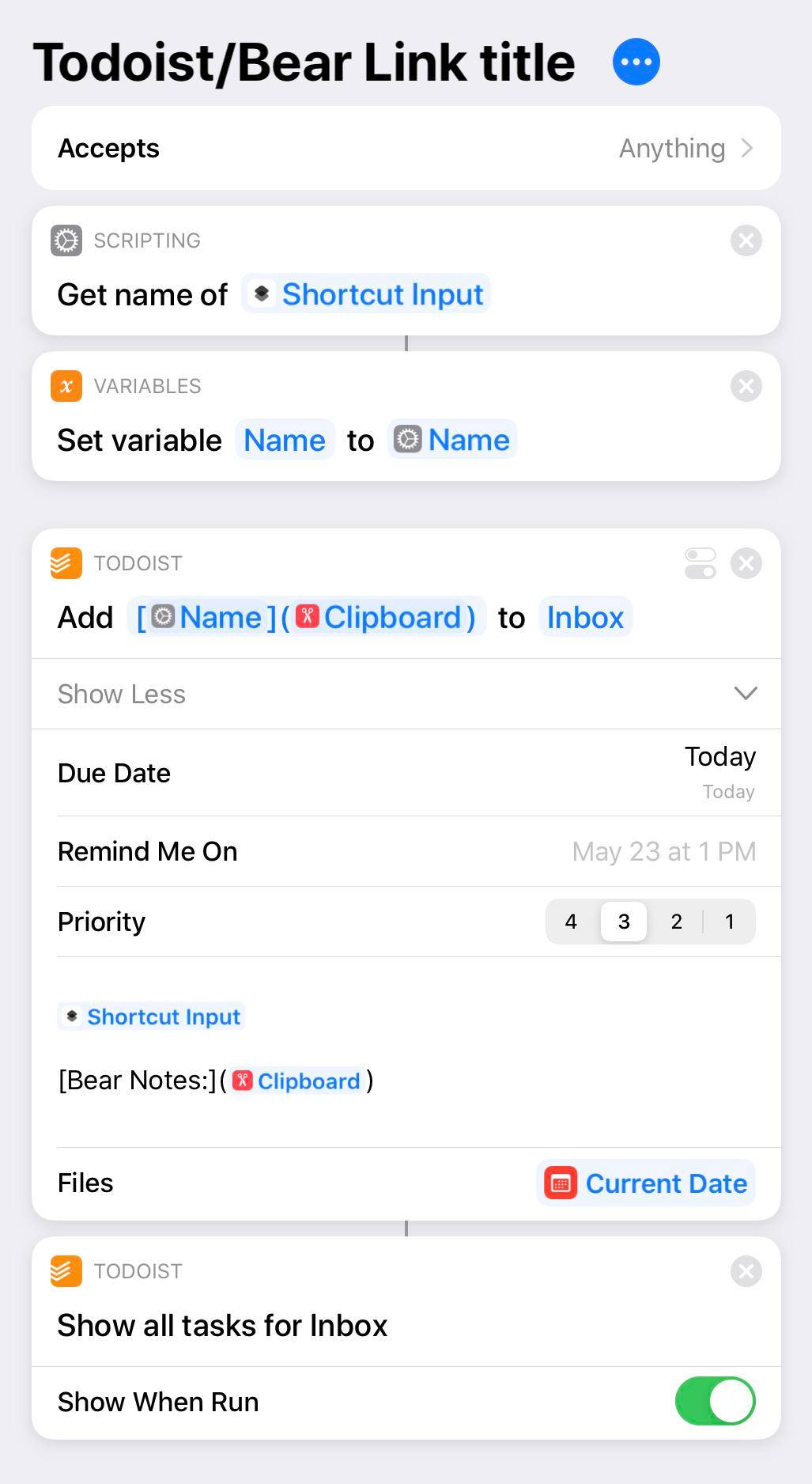 Simple Shortcut to Create linked Todoist Task—requires copying a link to the Bear note to link ...