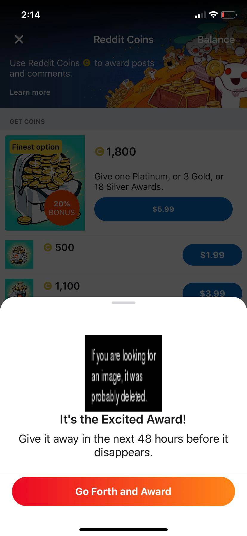 Someone accidentally deleted the image for the “it’s the excited” Reddit award. | Scrolller