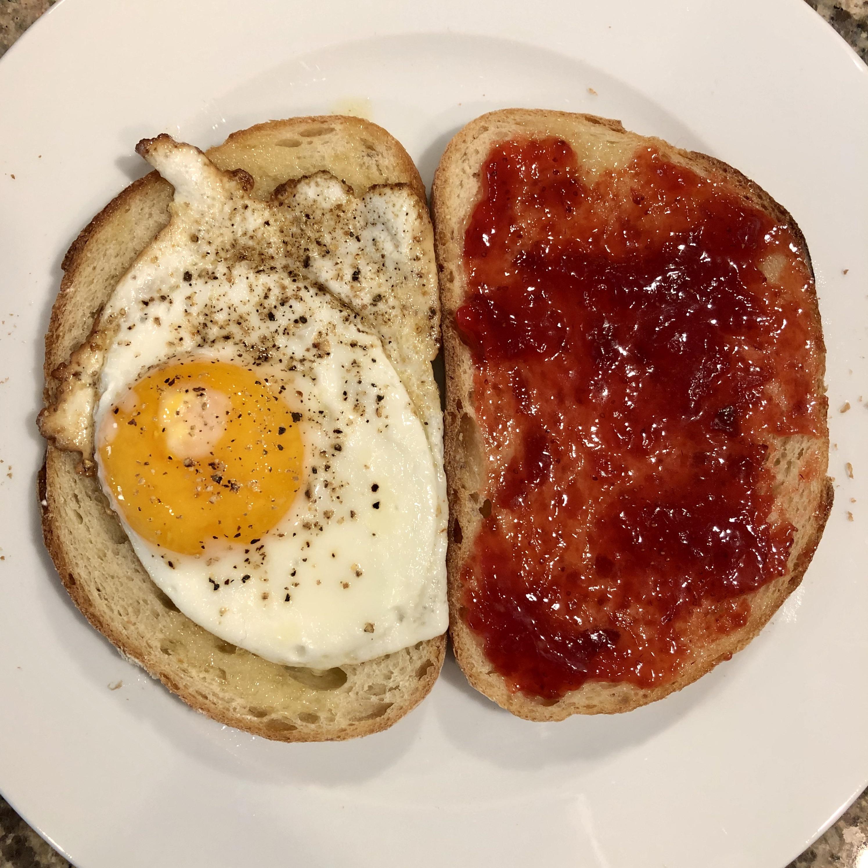 Sourdough toast two ways: fried egg, strawberry jam | Scrolller