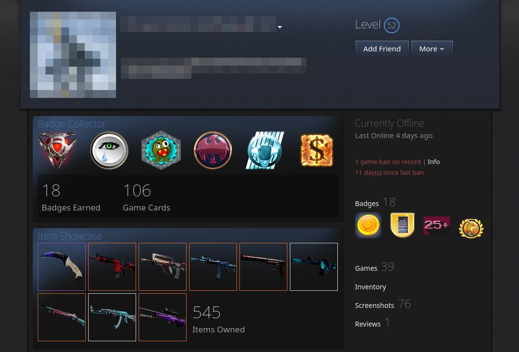 Talon Doppler FN, ST AWP Lightning Strike FN, Vulcan, Icarus Fell (total inventory value: ~$1300 ...