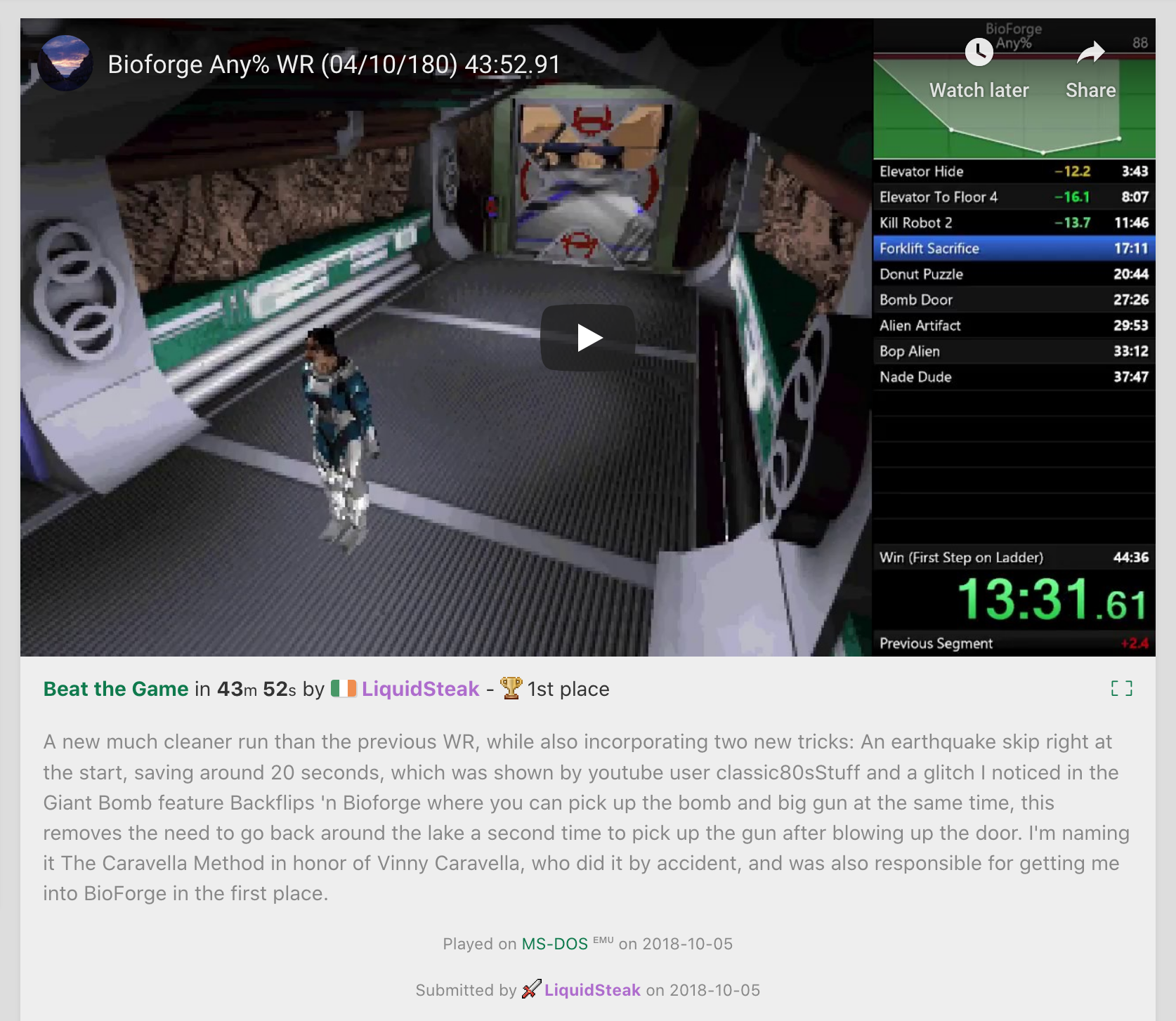 The world record speedrun for Bioforge uses a glitch that Vinny discovered in his playthrough ...