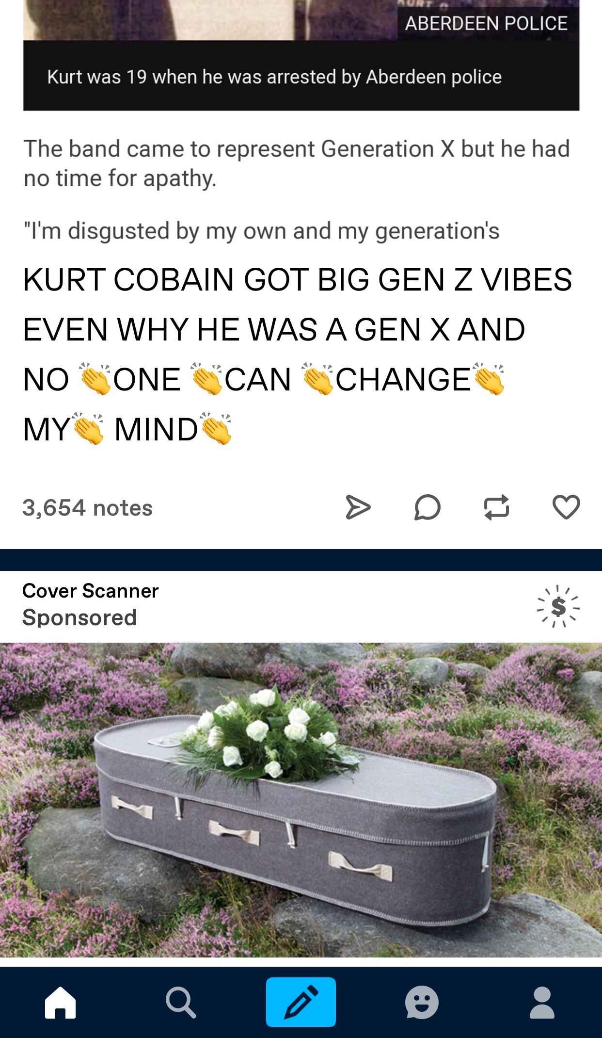 This tumblr post about Kurt Cobain above an advert for funeral costs... | Scrolller
