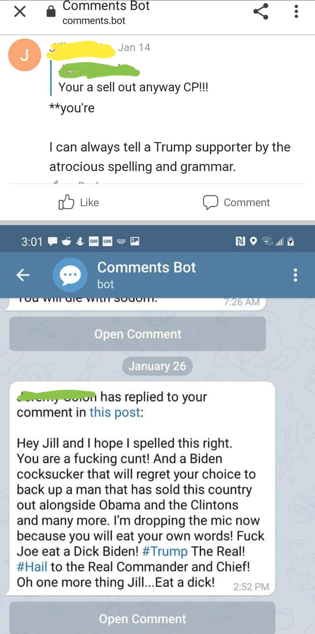 Trumper on Telegram goes agro on me because I corrected his grammar. | Scrolller