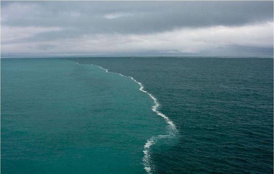 Two oceans meeting but never mixing. This phenomenon is due to the different water densities of ...