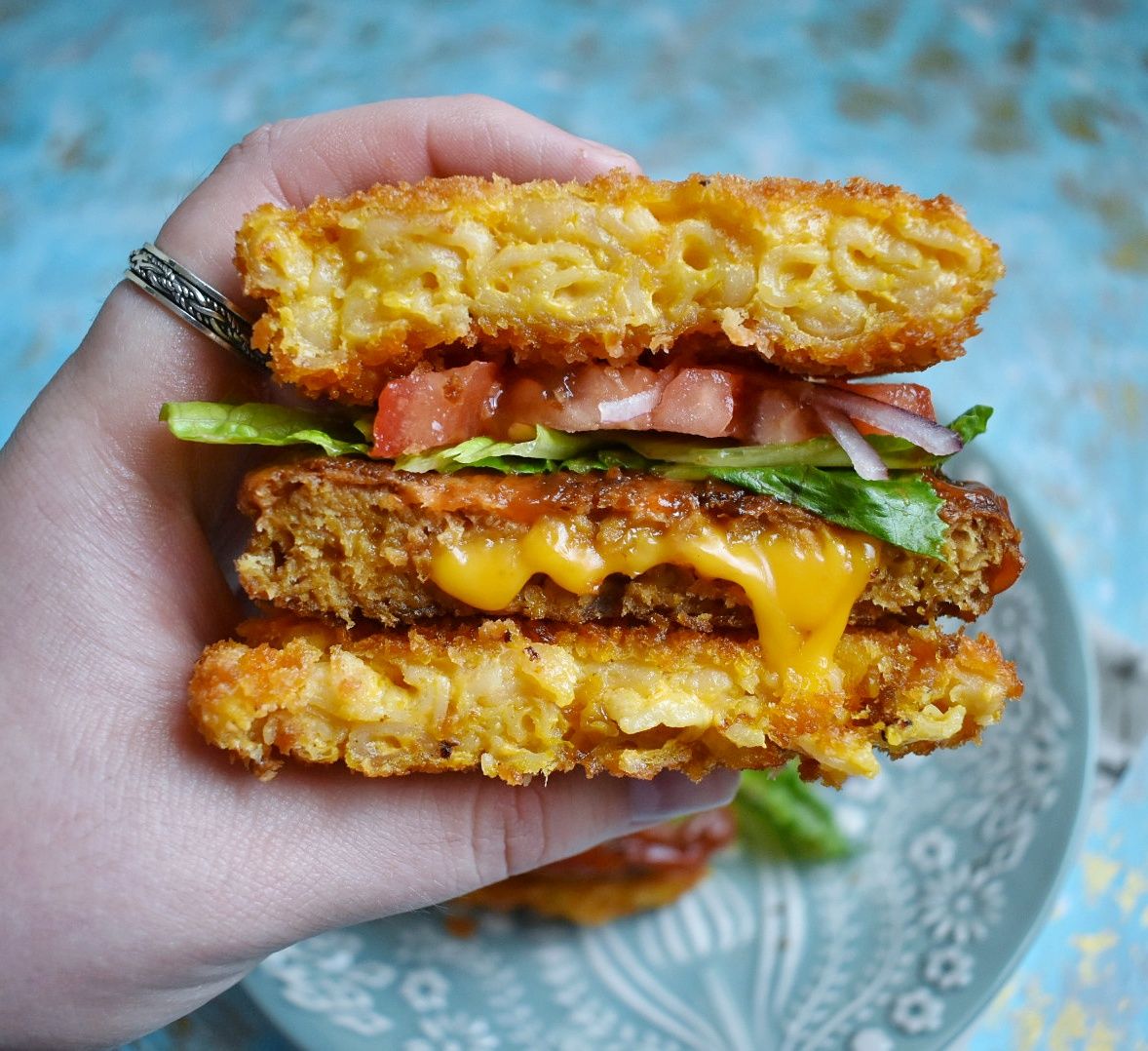 Vegan Cheese Stuffed Burger with Fried Mac and Cheese Buns | Scrolller