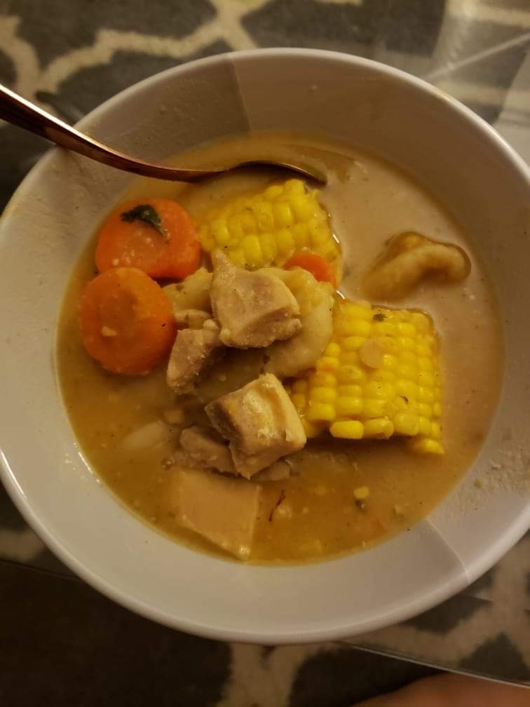 Wife made corn soup. Has corn, chicken, dumplings and carrots with alot of seasons and herbs ...