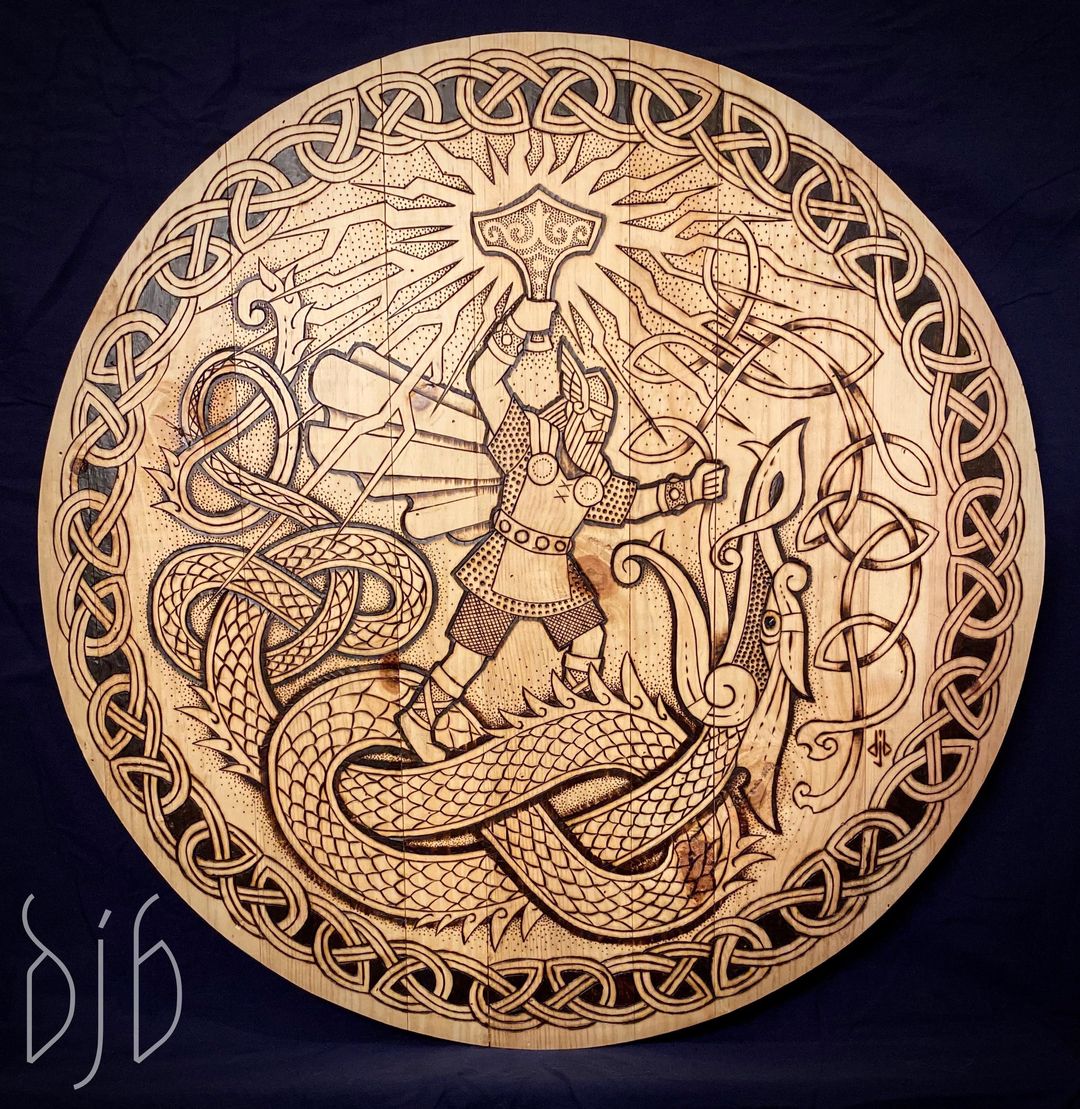 Wood burned piece I made for local Mead hall. Thor and Jörmungandr, 3’ diameter. Drinking Horn ...