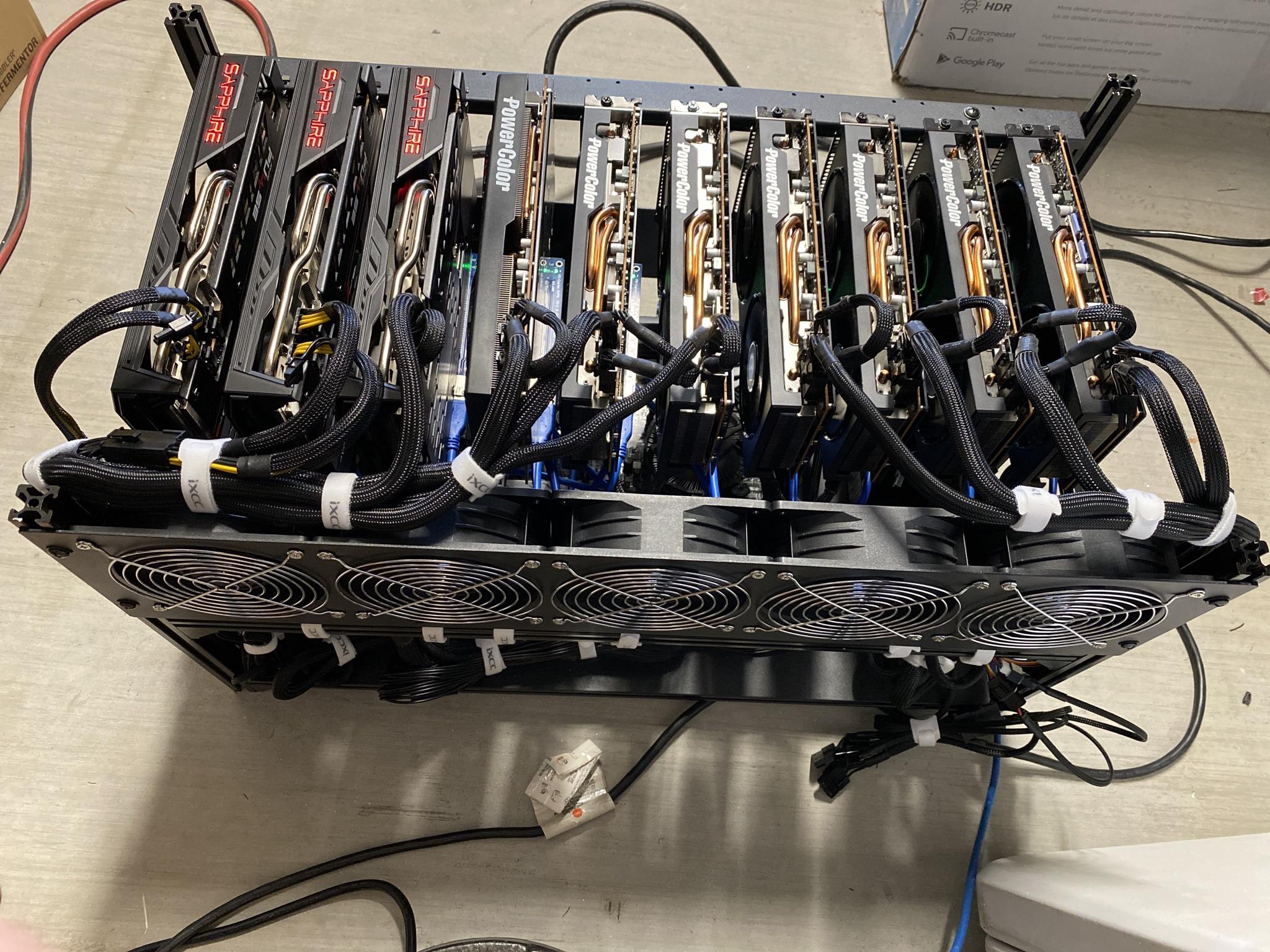 10x 5700xt Rig for Client FINISHED (finally) - 550 MHs Using 1600w @wall (1067w cards only ...