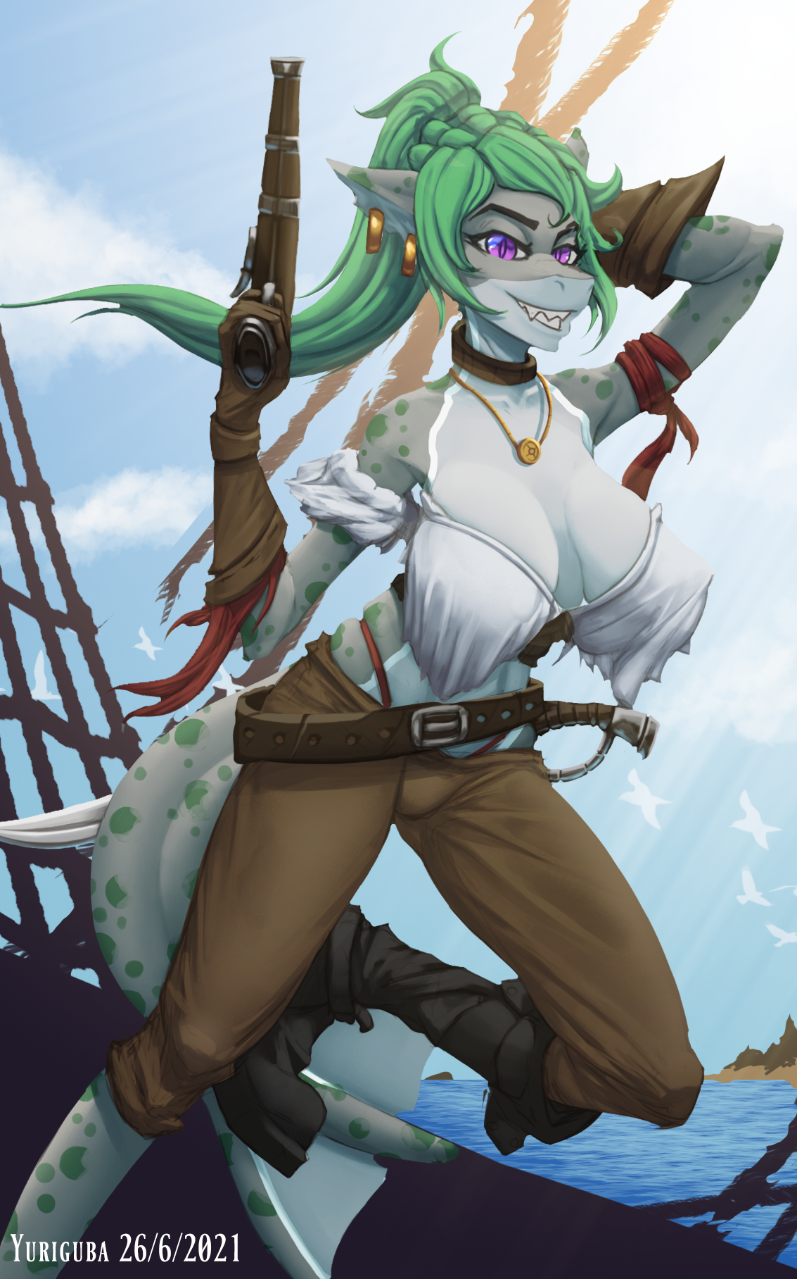 A recent commission I made of a shark girl OC in a pirate outfit, hope you like it ...