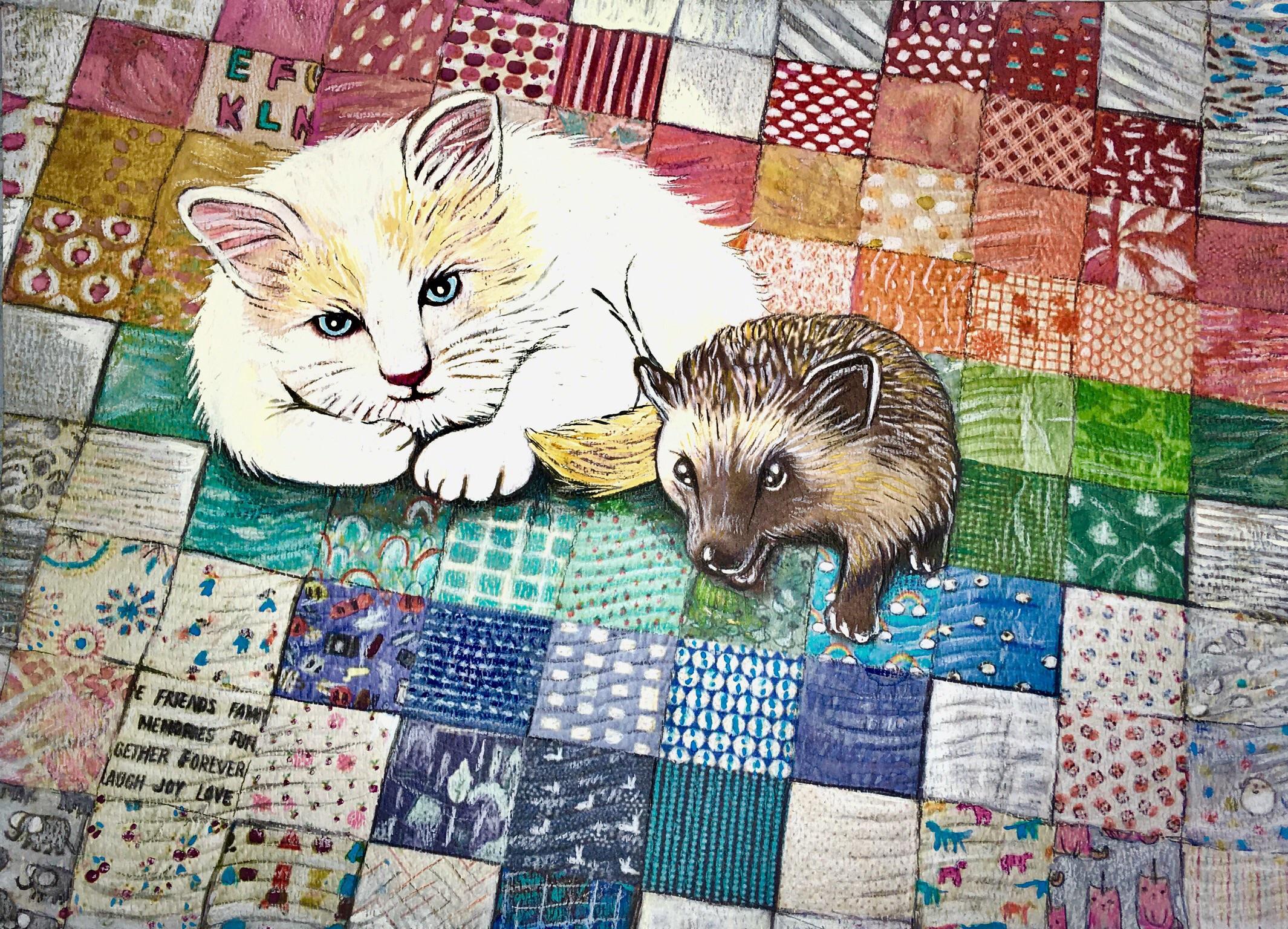 A watercolor painting did of my niece’s new kitten, Agnes Peaches, and her Hedgehog, Snow White ...