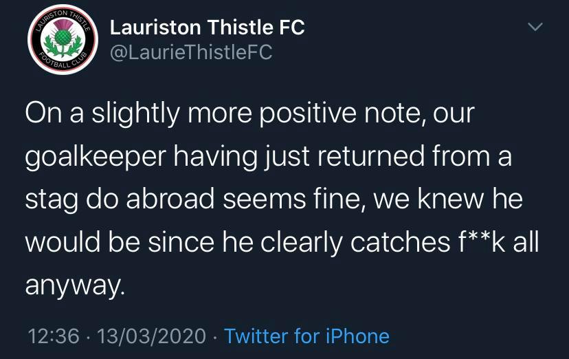 Amateur side Lauriston Thistle deliver some good news about they’re goalkeeper | Scrolller