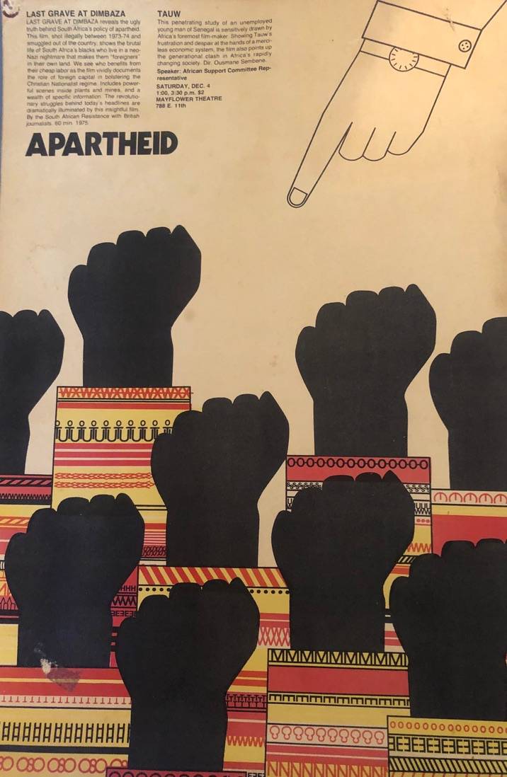 Anti-apartheid poster from Eugene, Oregon, circa 1978. Note the former Mayflower Theatre on 11th ...