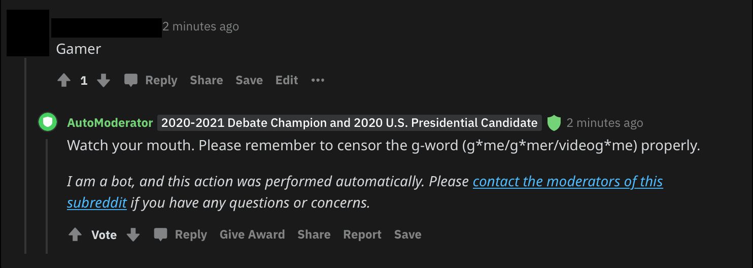 Apparently the word "gamer" is now a curse word. | Scrolller