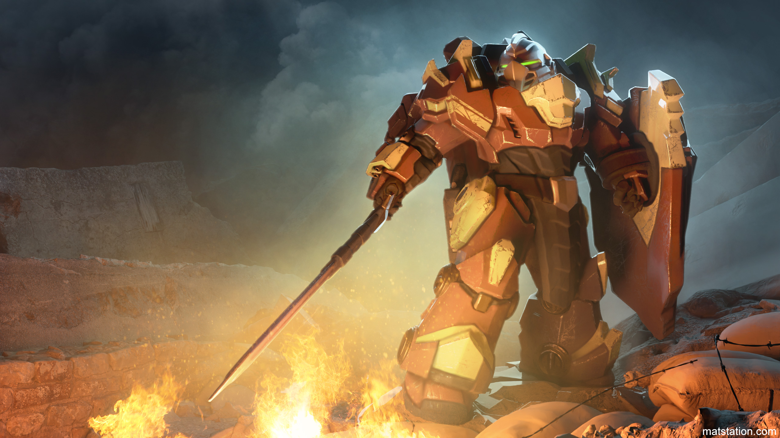 Assault soldier in power armor. armed with the sword, shield, energy gun and wrist gun ...