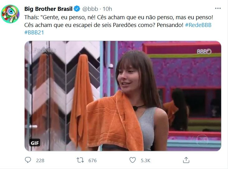 Até o perfil oficial do BBB no Twitter tá tirando onda com a Thaís | Scrolller