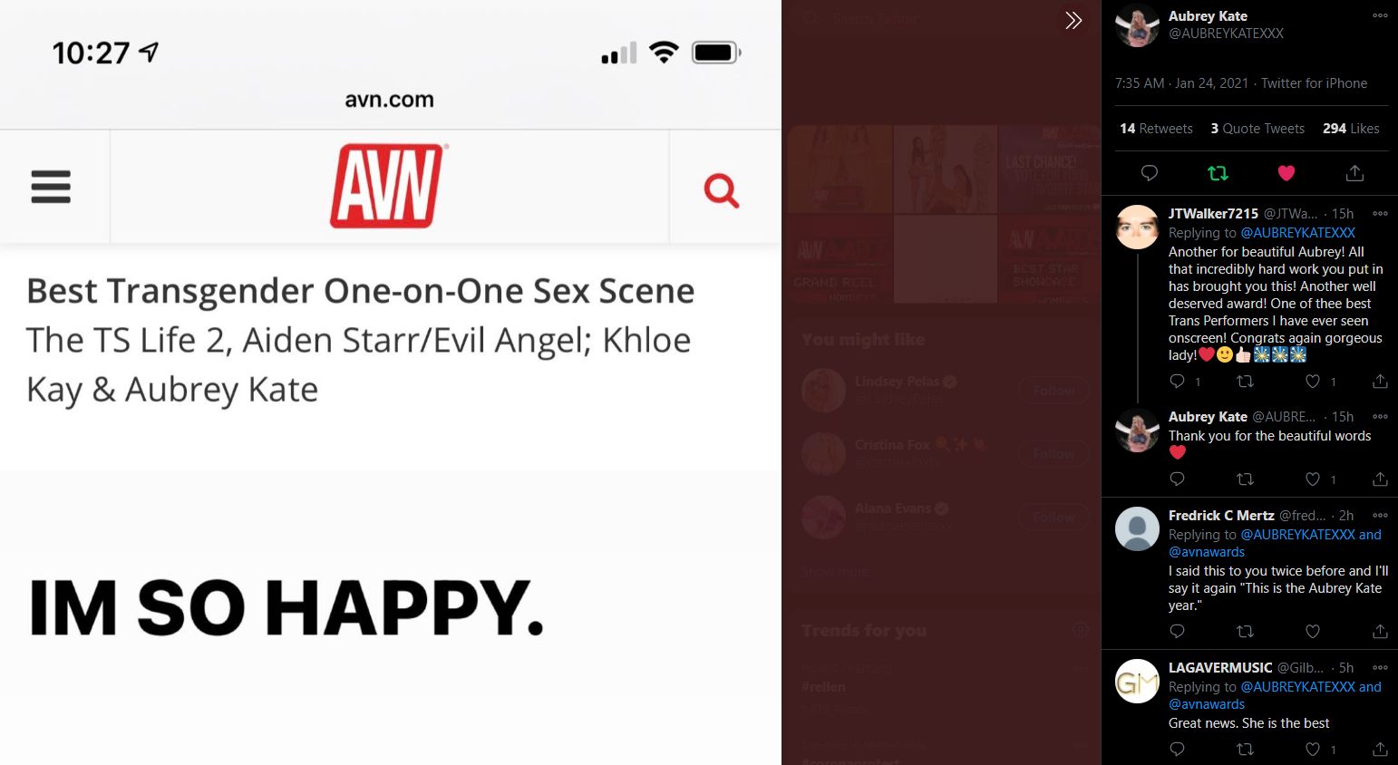 Aubrey & Khloe Kay won best TS One-on-one scene at the AVN awards! | Scrolller