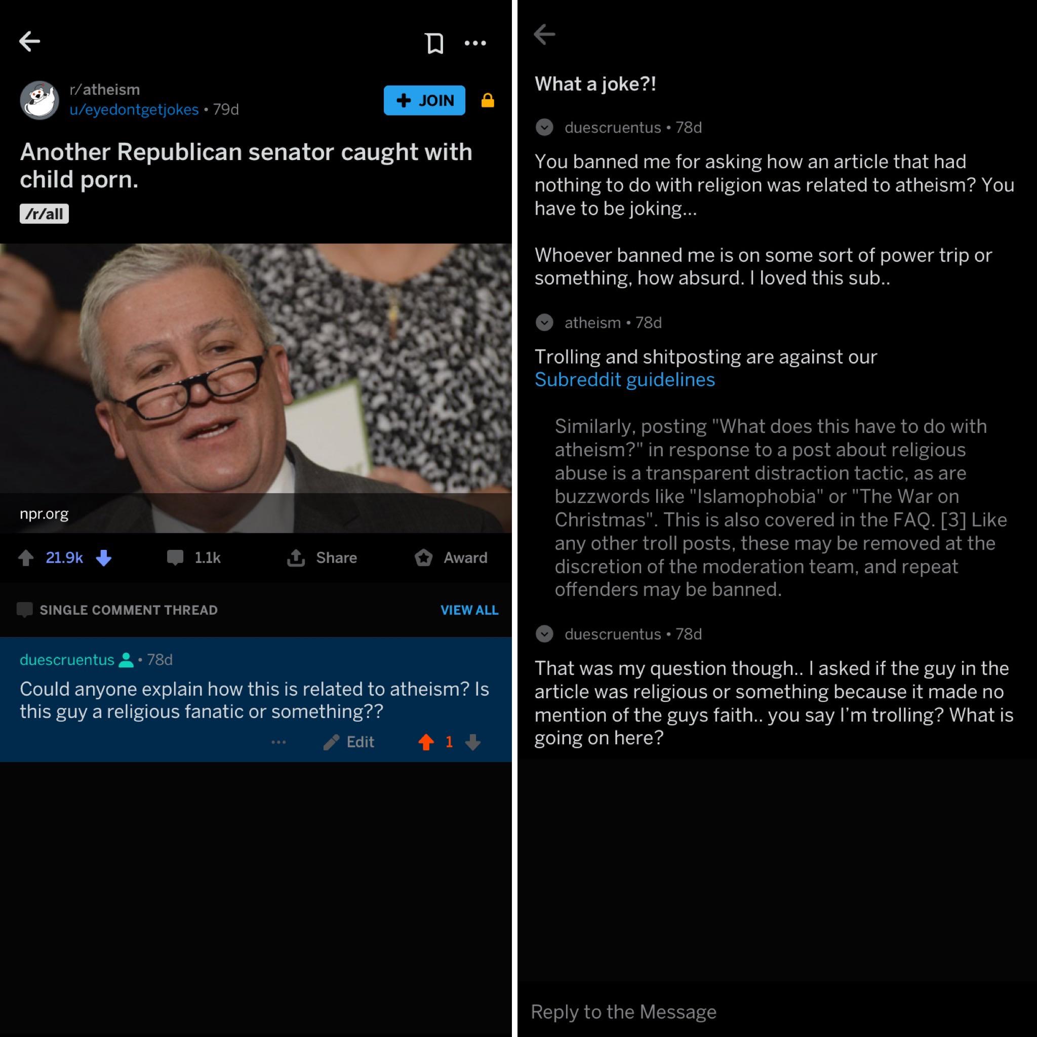 Banned from r/atheism because I asked how an article related to atheism when it made no mention ...