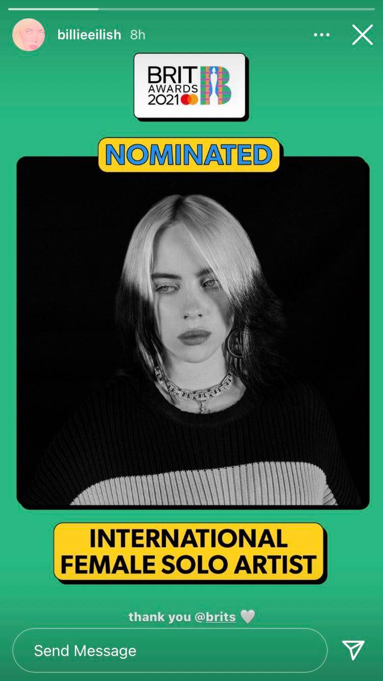 Billie got nominated for BRIT Awards “International Female Solo Artist ...