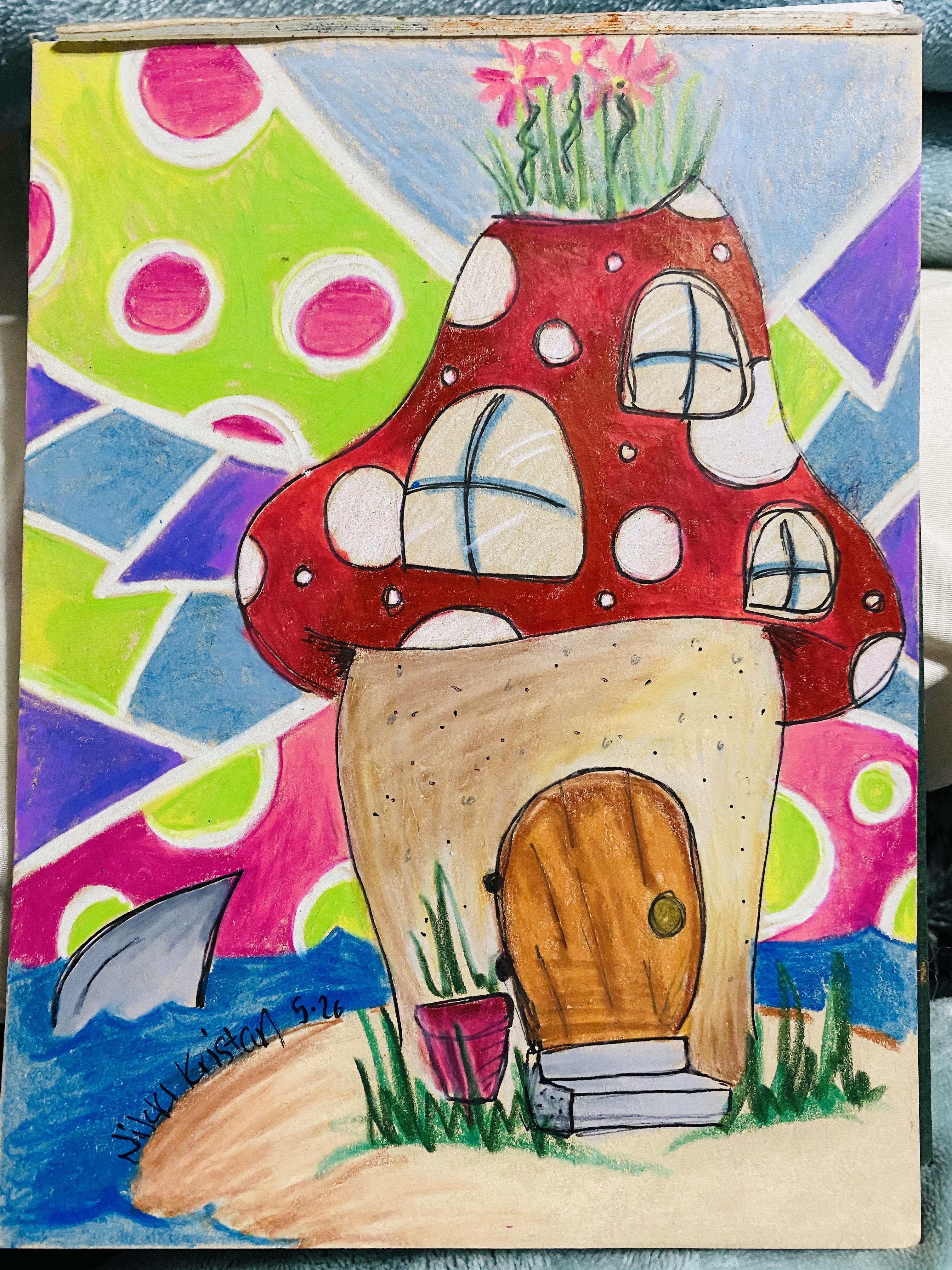 Birthday doodle I did for my friend. 😊 She likes sharks, and mushrooms, and trippy stuff ...