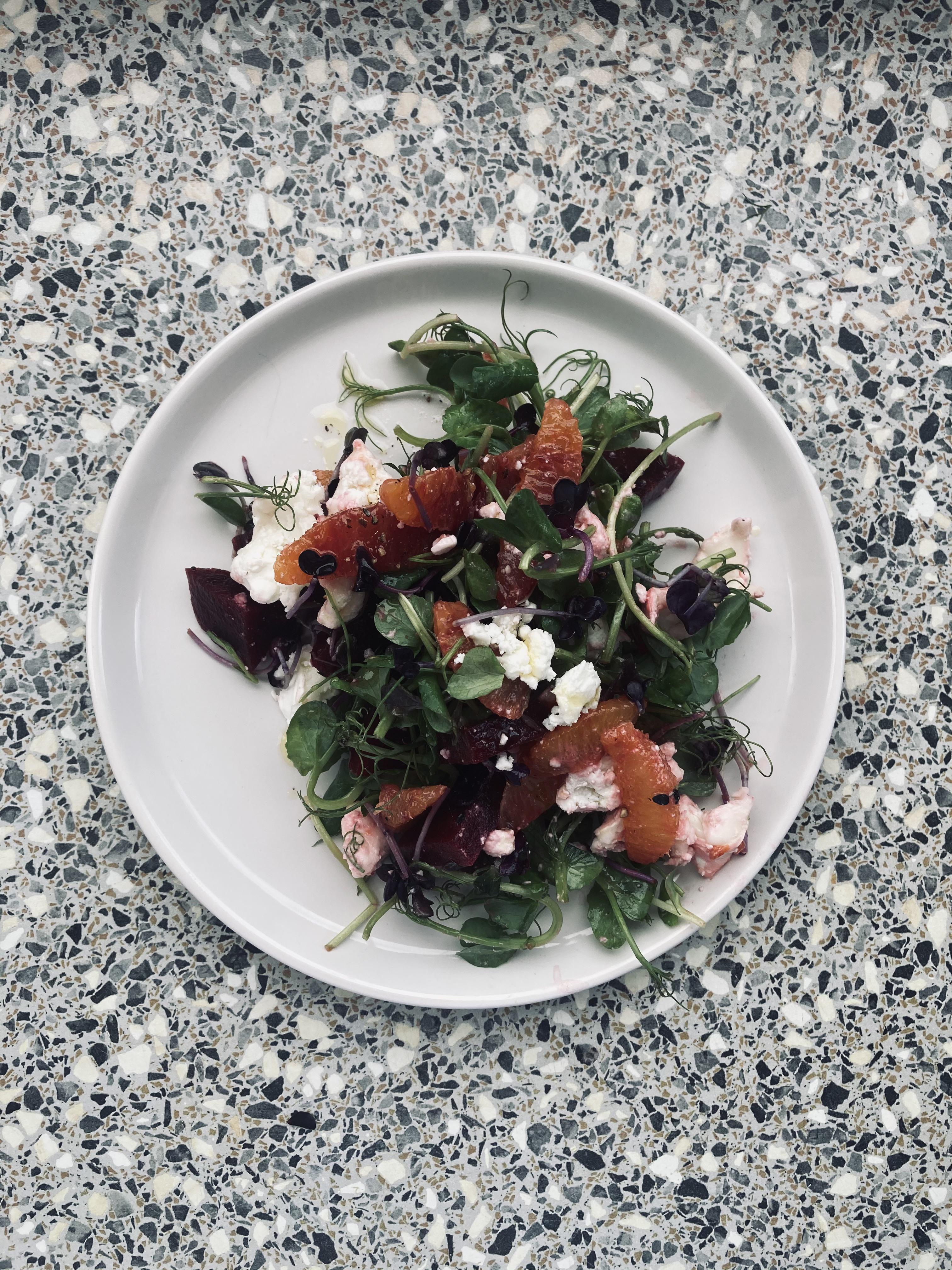 Blood Orange, Beetroot, Goats Curd, Purple Radish, Garlic Chive [Homemade] | Scrolller