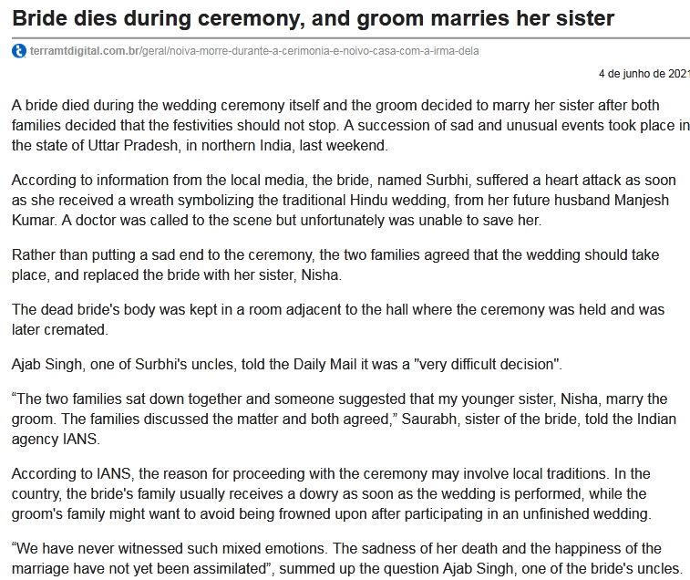 Bride dies during wedding ceremony, so the groom marries her sister. | Scrolller