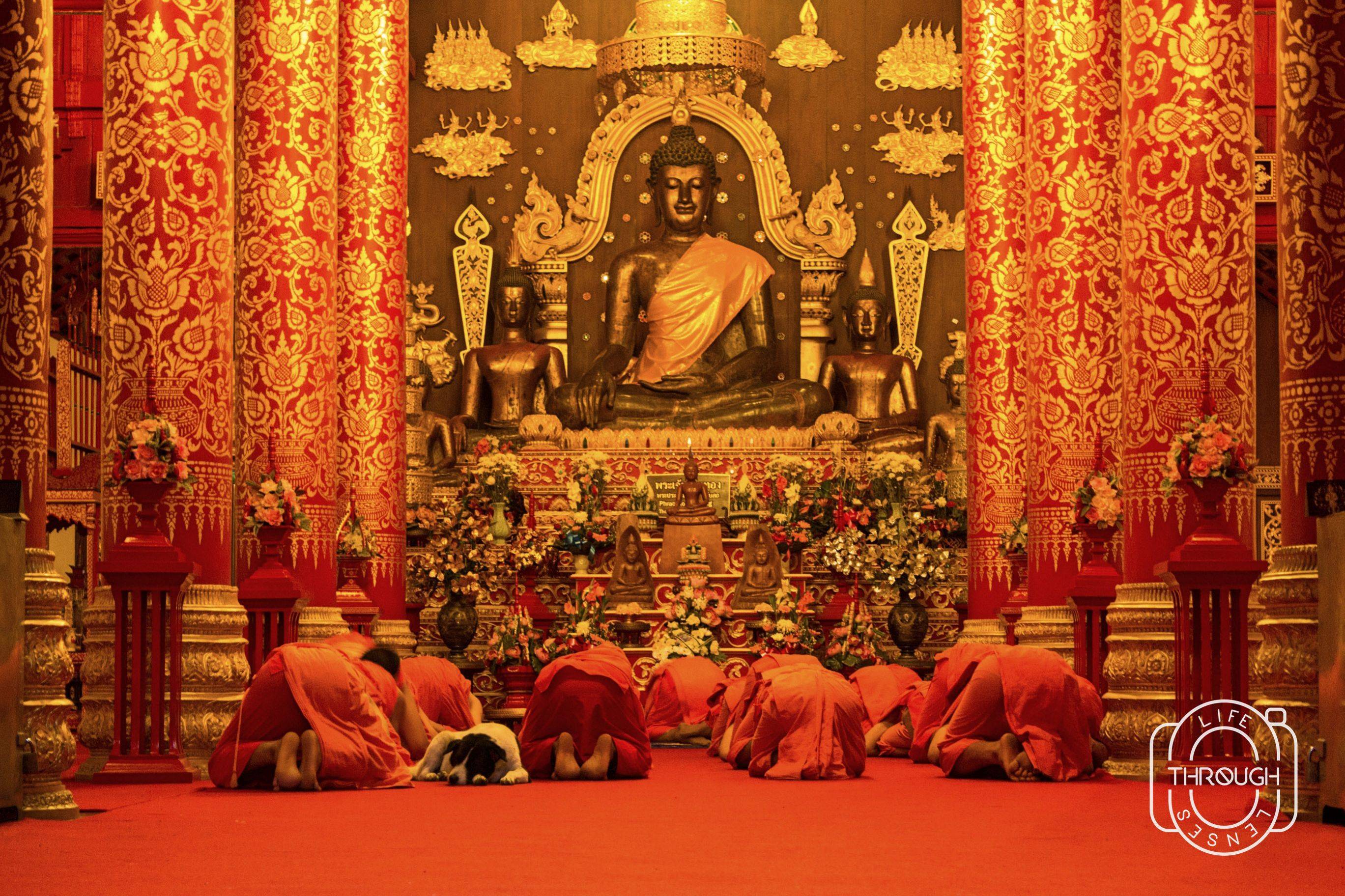 Buddhist monks prostrating in a Thai temple | Scrolller