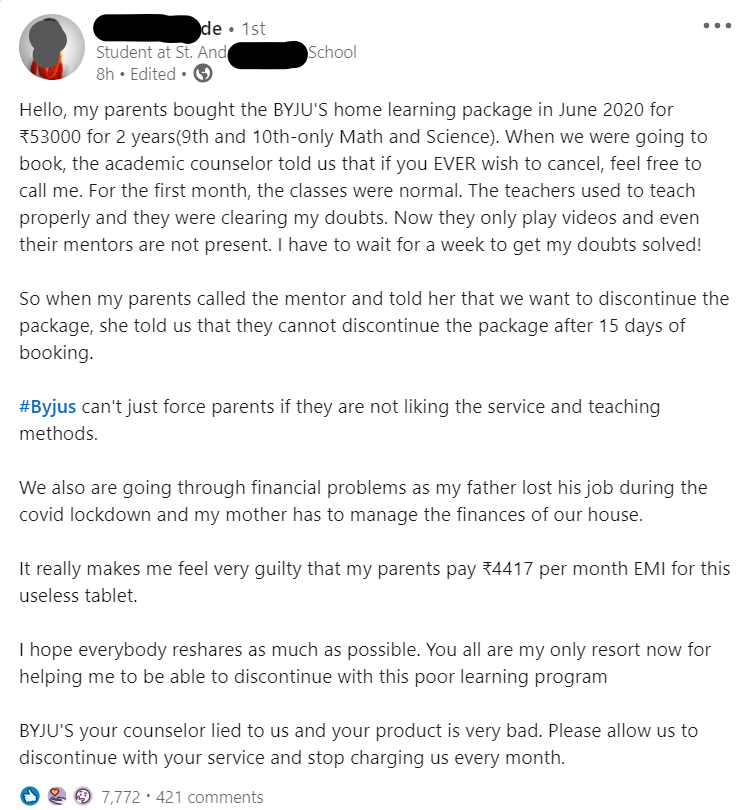 BYJUs putting 14 y/o kids into guilt. | Scrolller