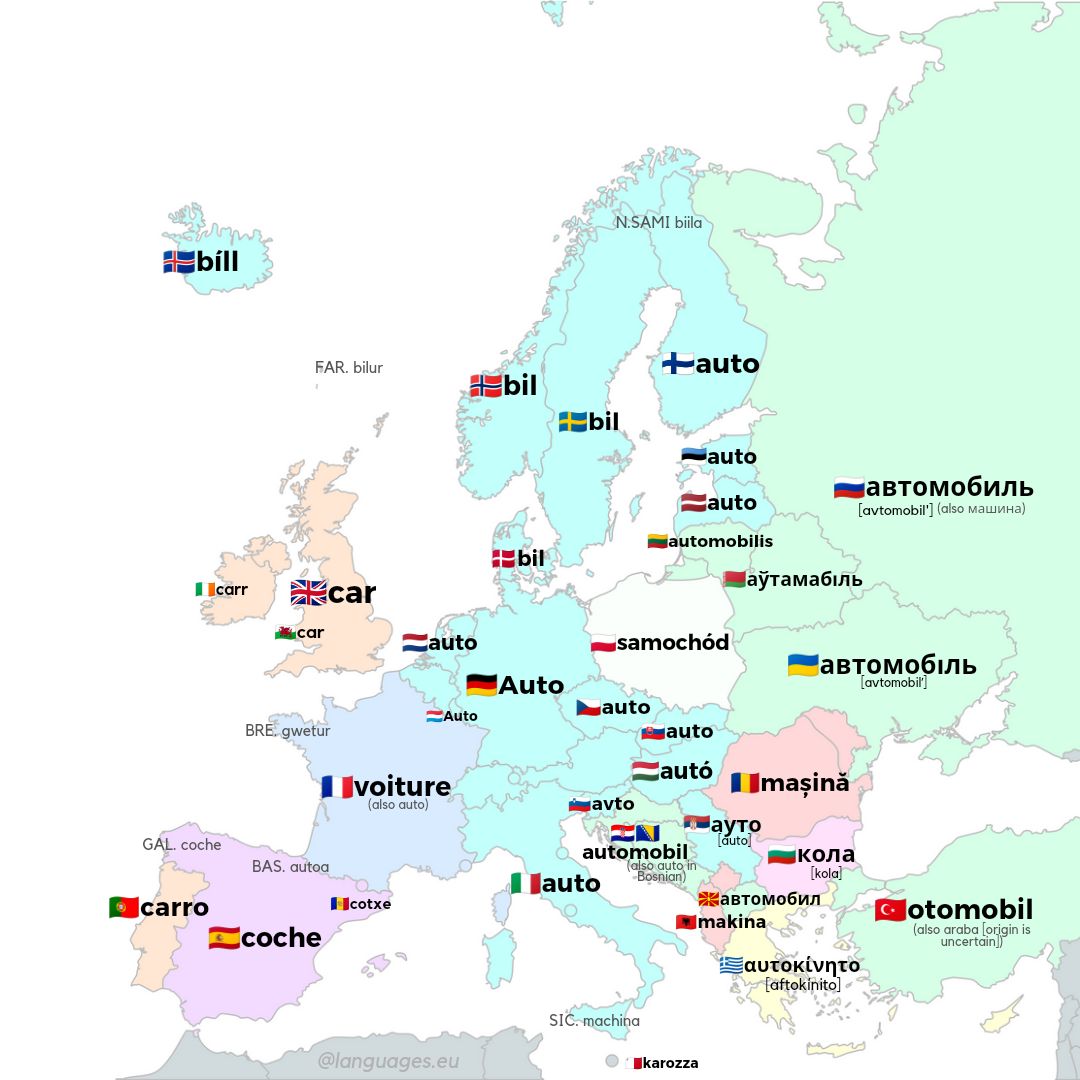 "car" in European languages | Scrolller