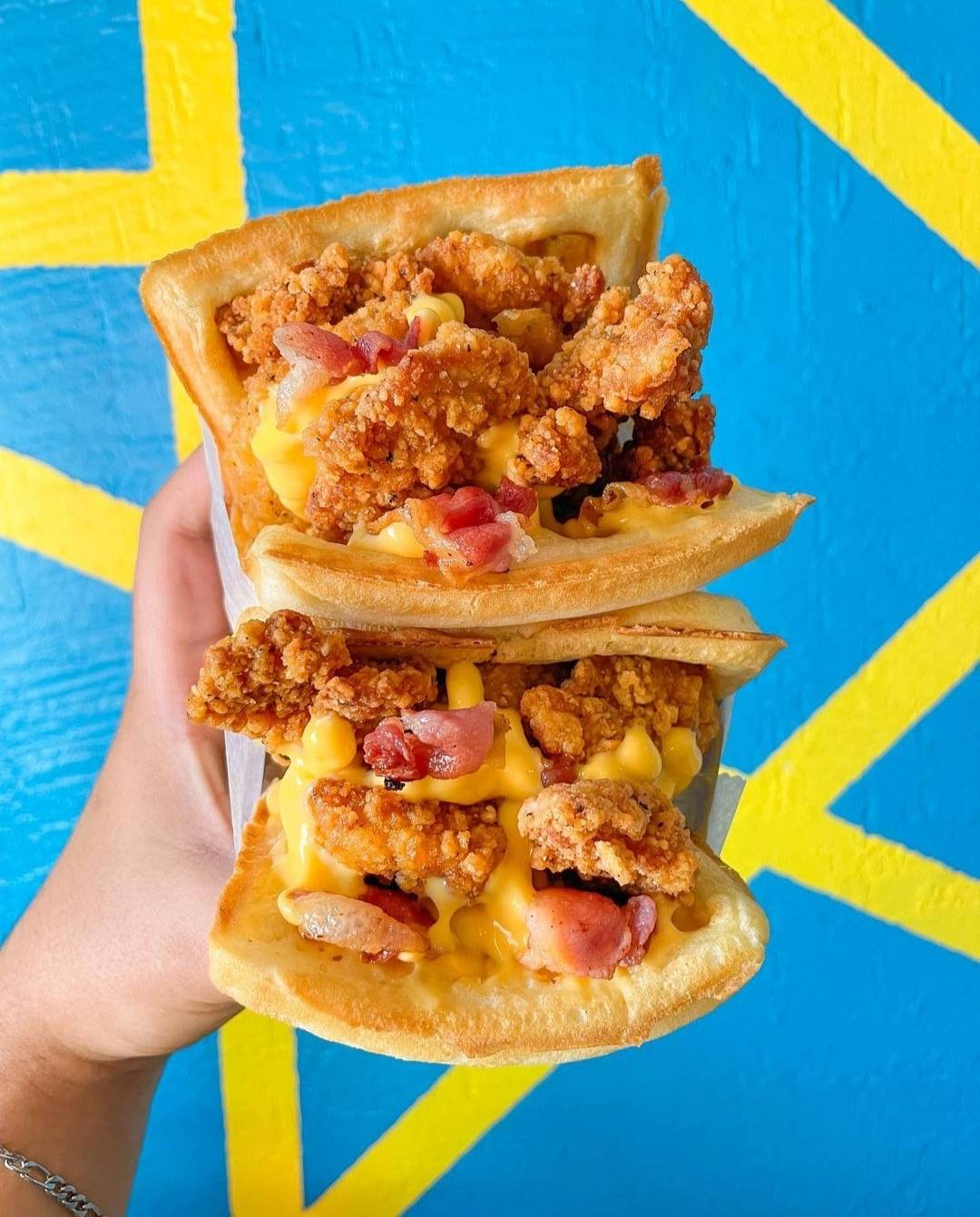 Chicken tenders, bacon, cheddar and waffles. I LOVE IT! | Scrolller