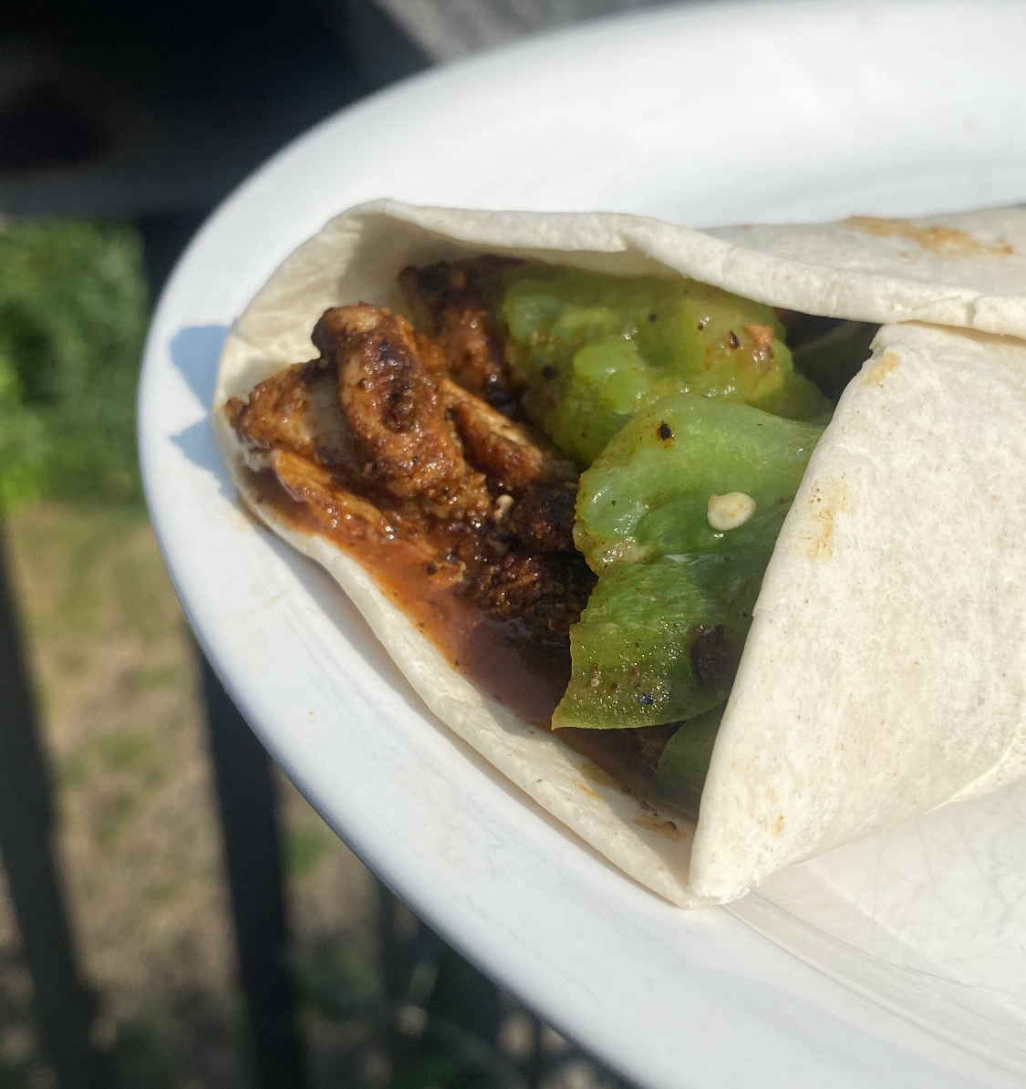Chicken Thigh, Bell Peppers, Habanero and Scotch Bonnet Sauces, Flour Tortilla. It was good ...