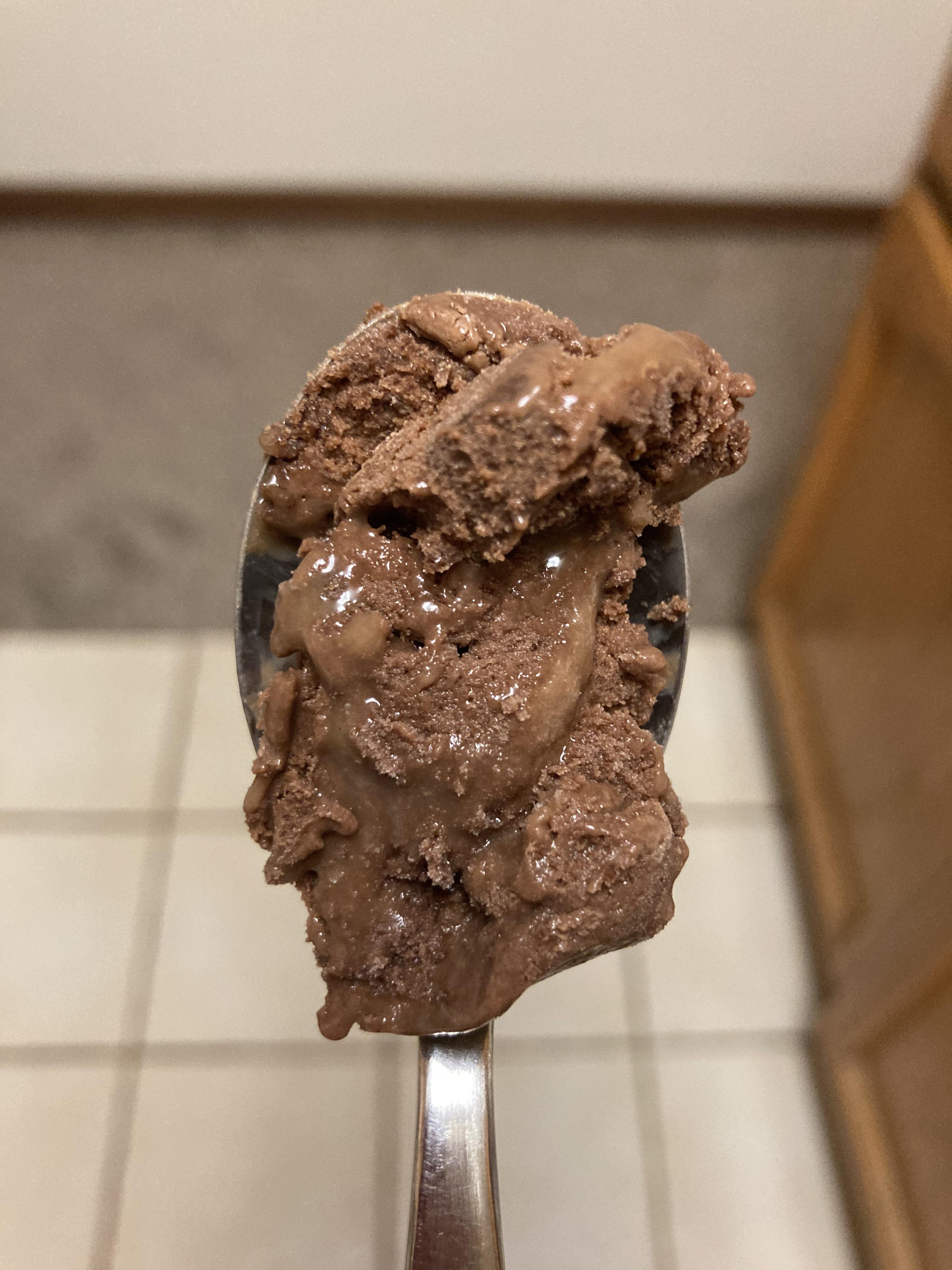 Chocolate ice cream with caramel ripple and brownie chunks | Scrolller