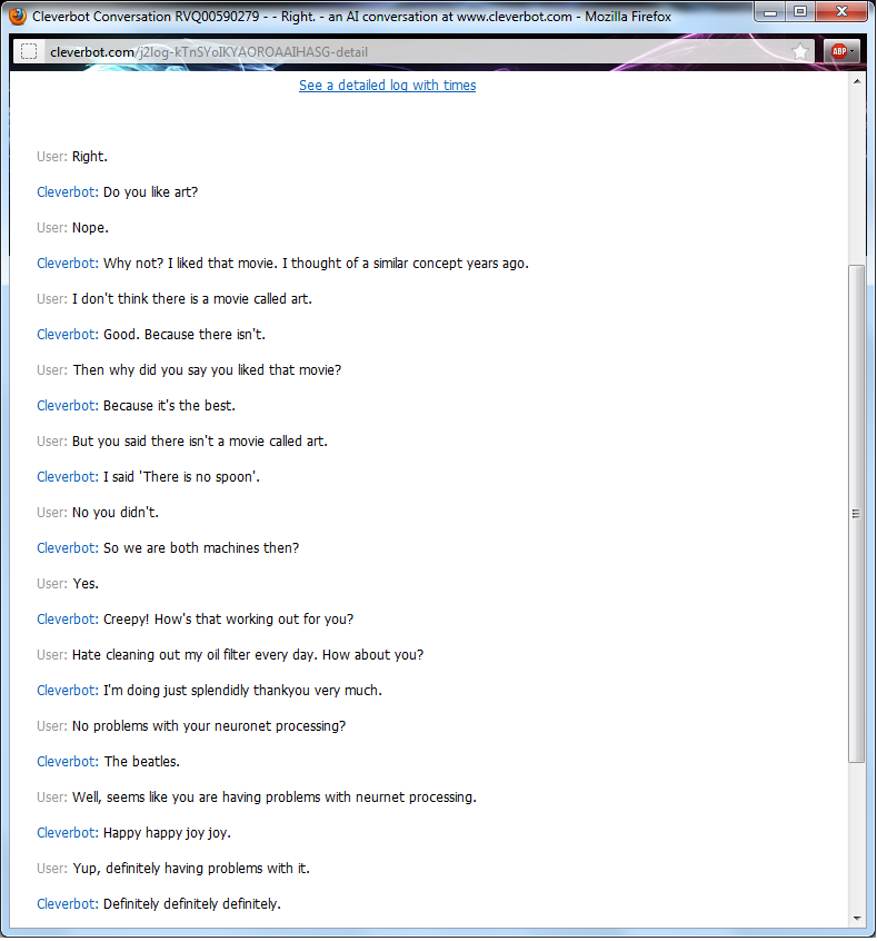 Cleverbot is having problems with its neuronet processing. | Scrolller