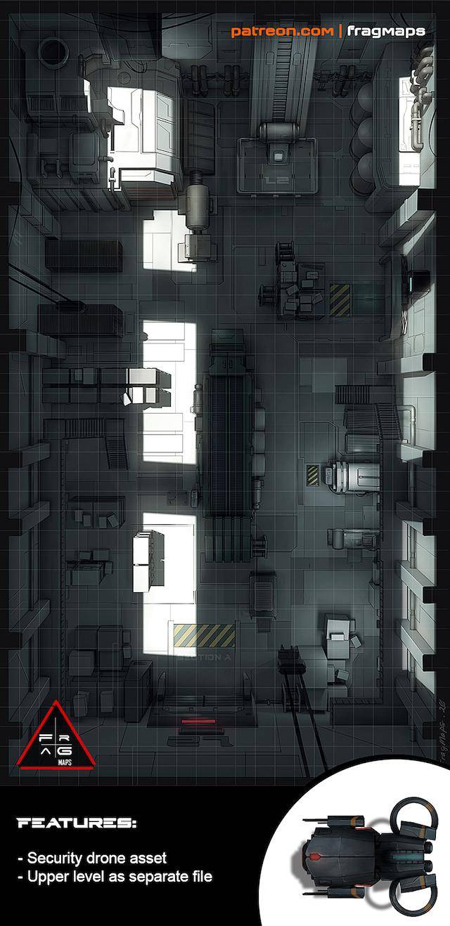 Cyberpunk Warehouse | Factory Encounter Map [40 x 23] | Scrolller