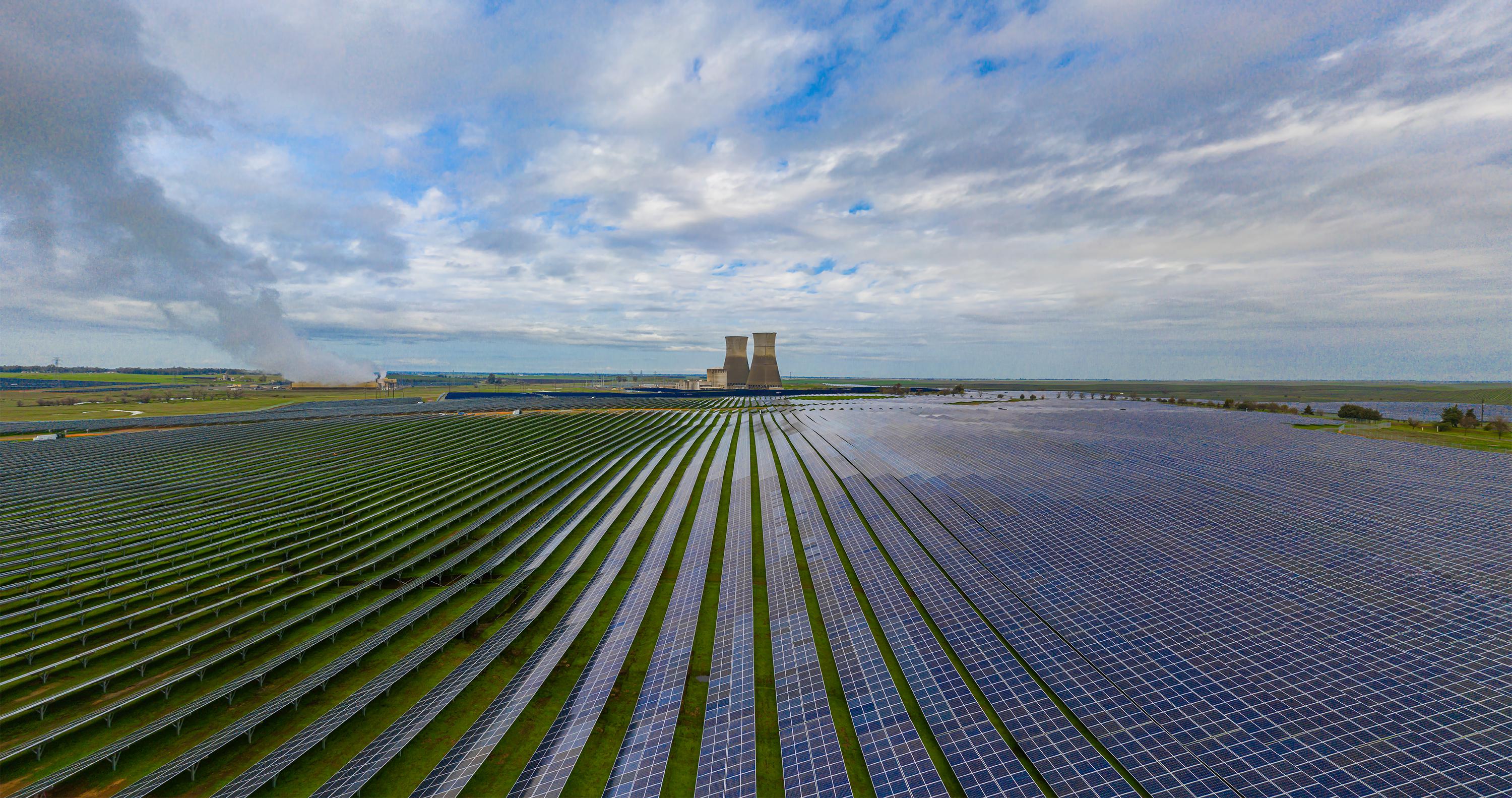 Decommissioned remains of a nuclear power plant now surrounded by thousands of acres of solar ...