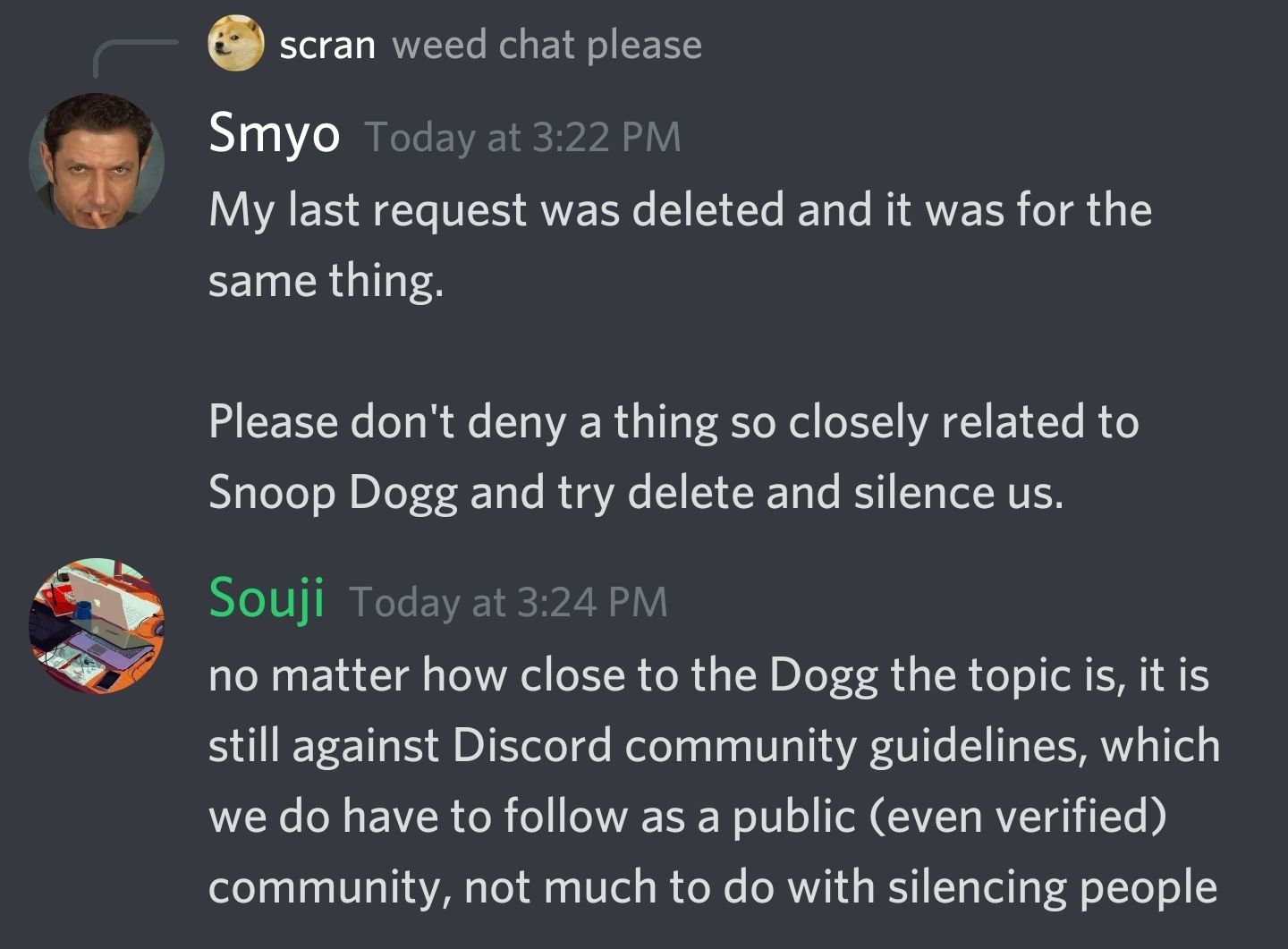 Discord staff members ban weed from the Official Snoop Dogg server as it's "against community ...