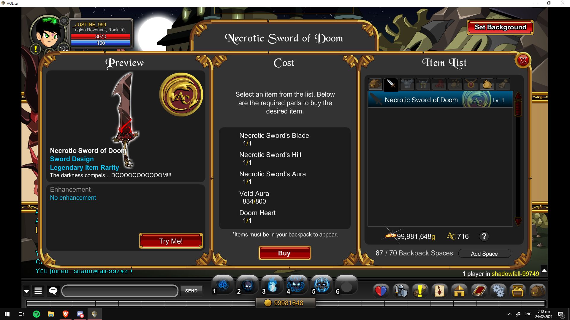 doomheart dropped when i least expected, finally! after 8 days and 2.5k wasted void auras ...