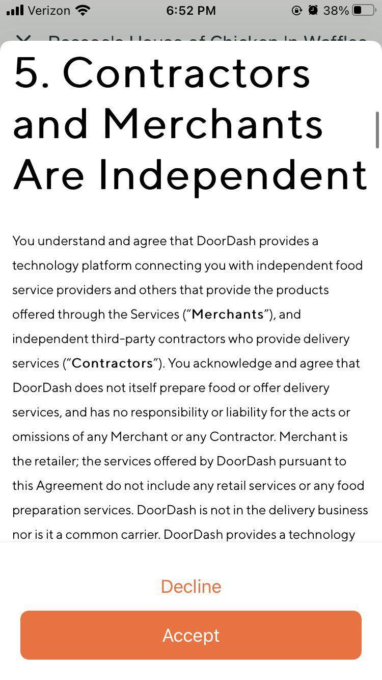 Door Dash is now making you sign an agreement that they are not a delivery service and that ...
