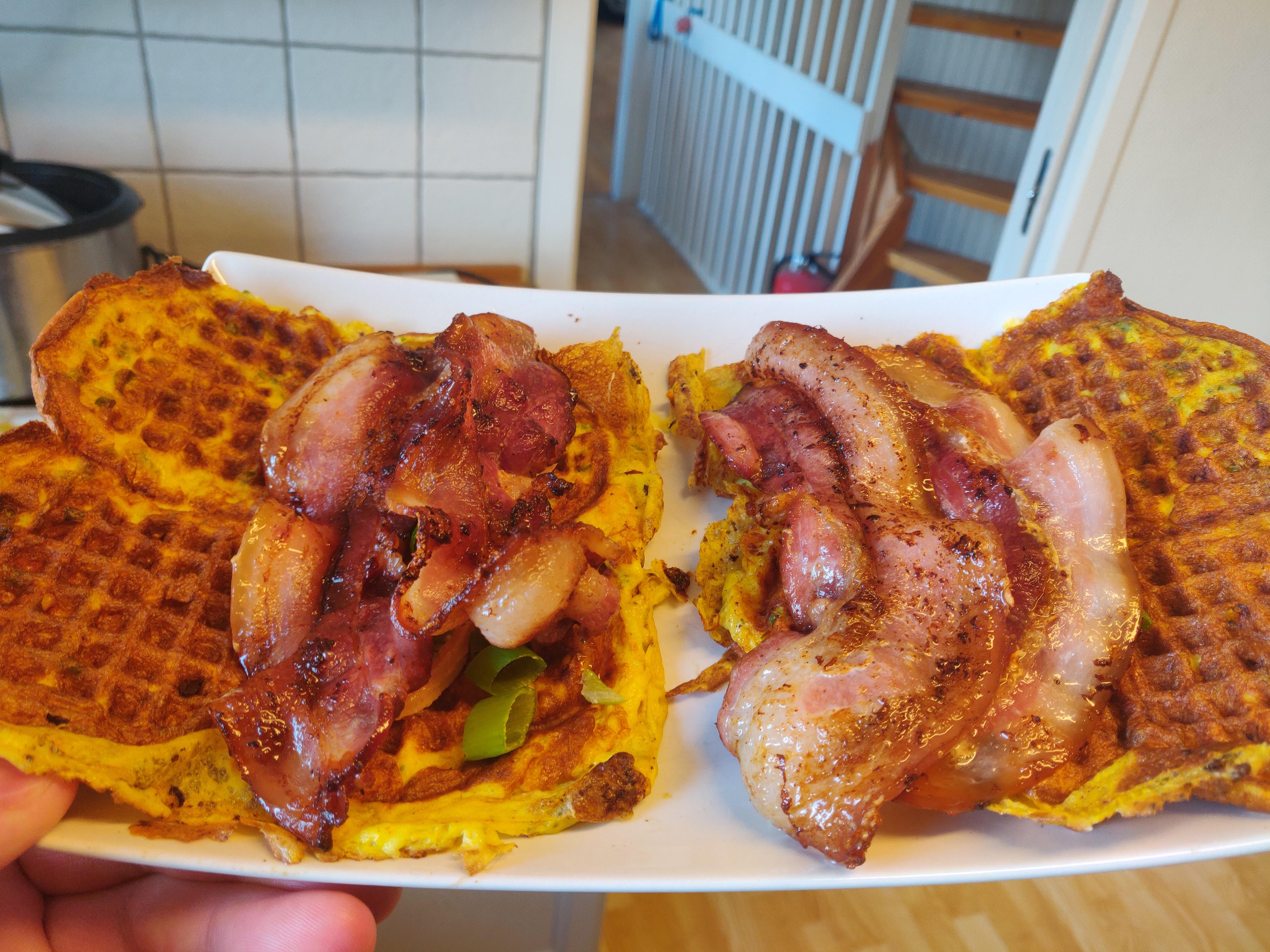 Egg Waffle with bacon, kaviar and spring onion. | Scrolller
