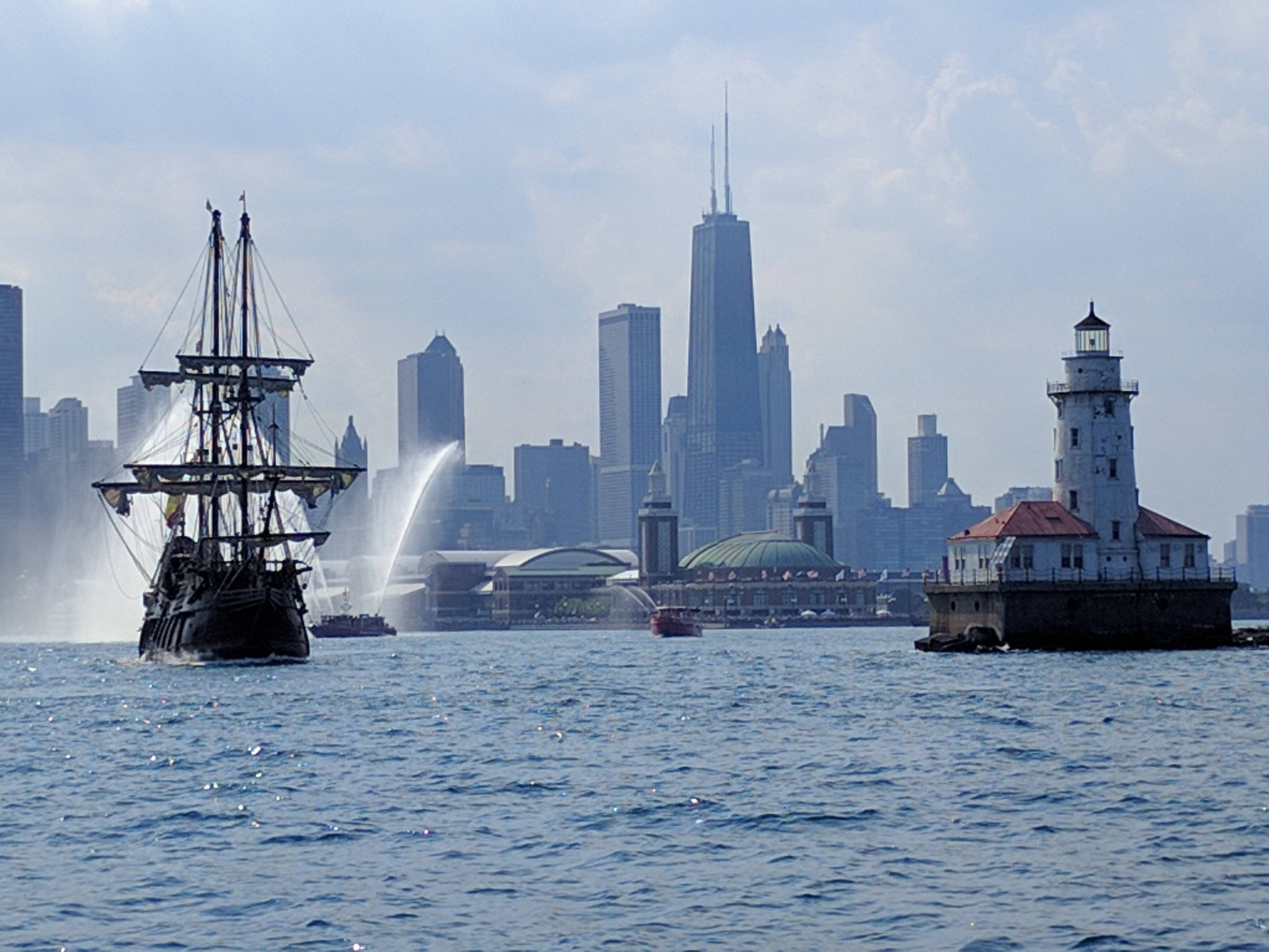 El Galeon and the Chicago Harbor Light. | Scrolller