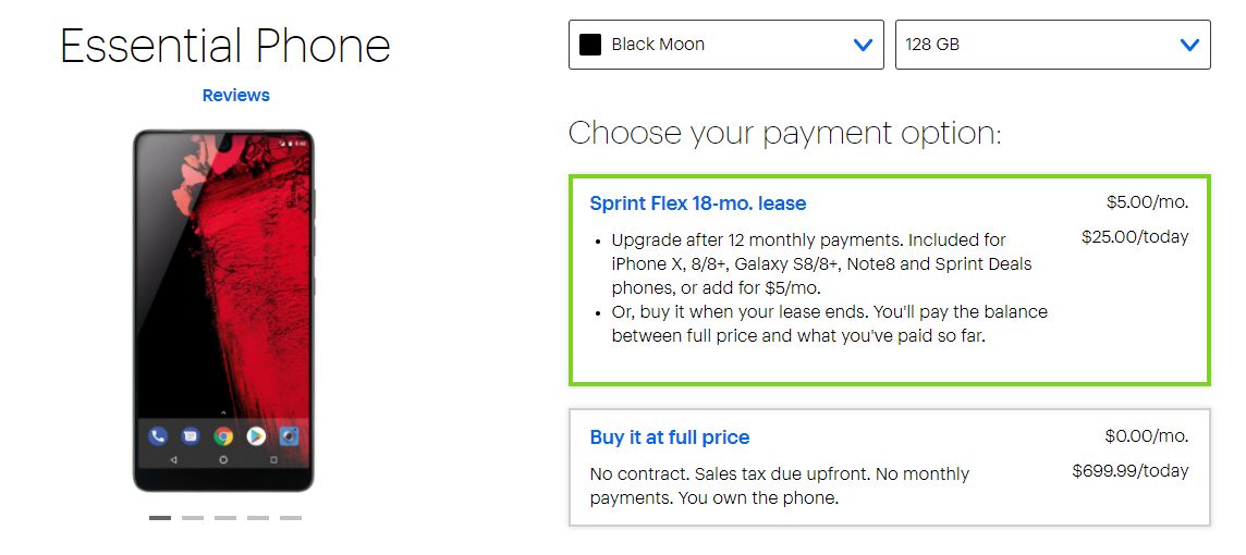 Essential Phone Price drop to $25 down and $5/month with an upgrade after one year available ...