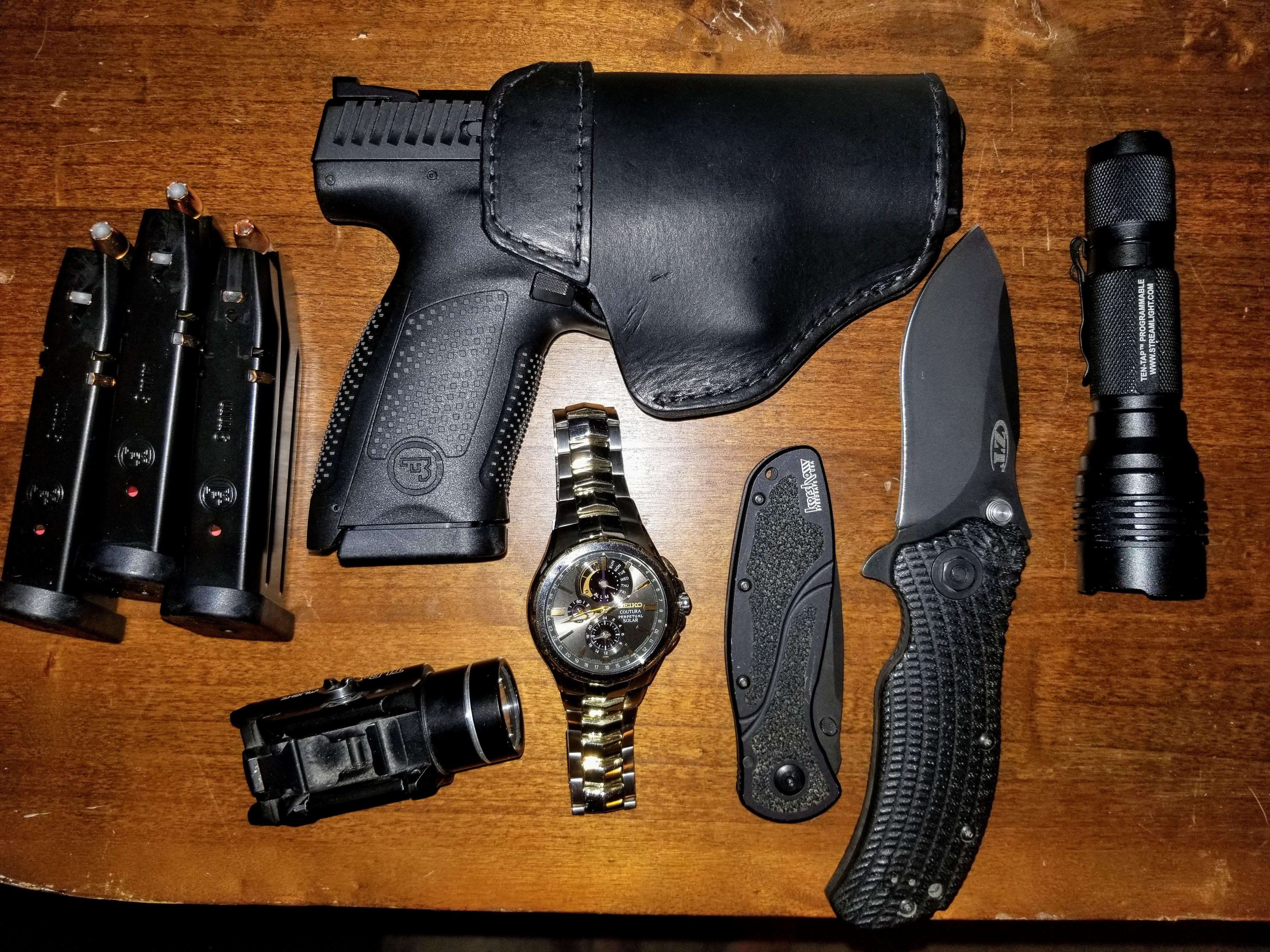 Everyday carry for April 5. CZ, Relentless Tactical, Zero Tolerance,Kershaw, Streamlight ...