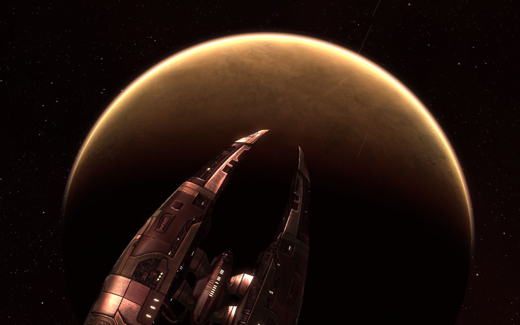 Executioner class frigate flying over unknown desert planet. | Scrolller