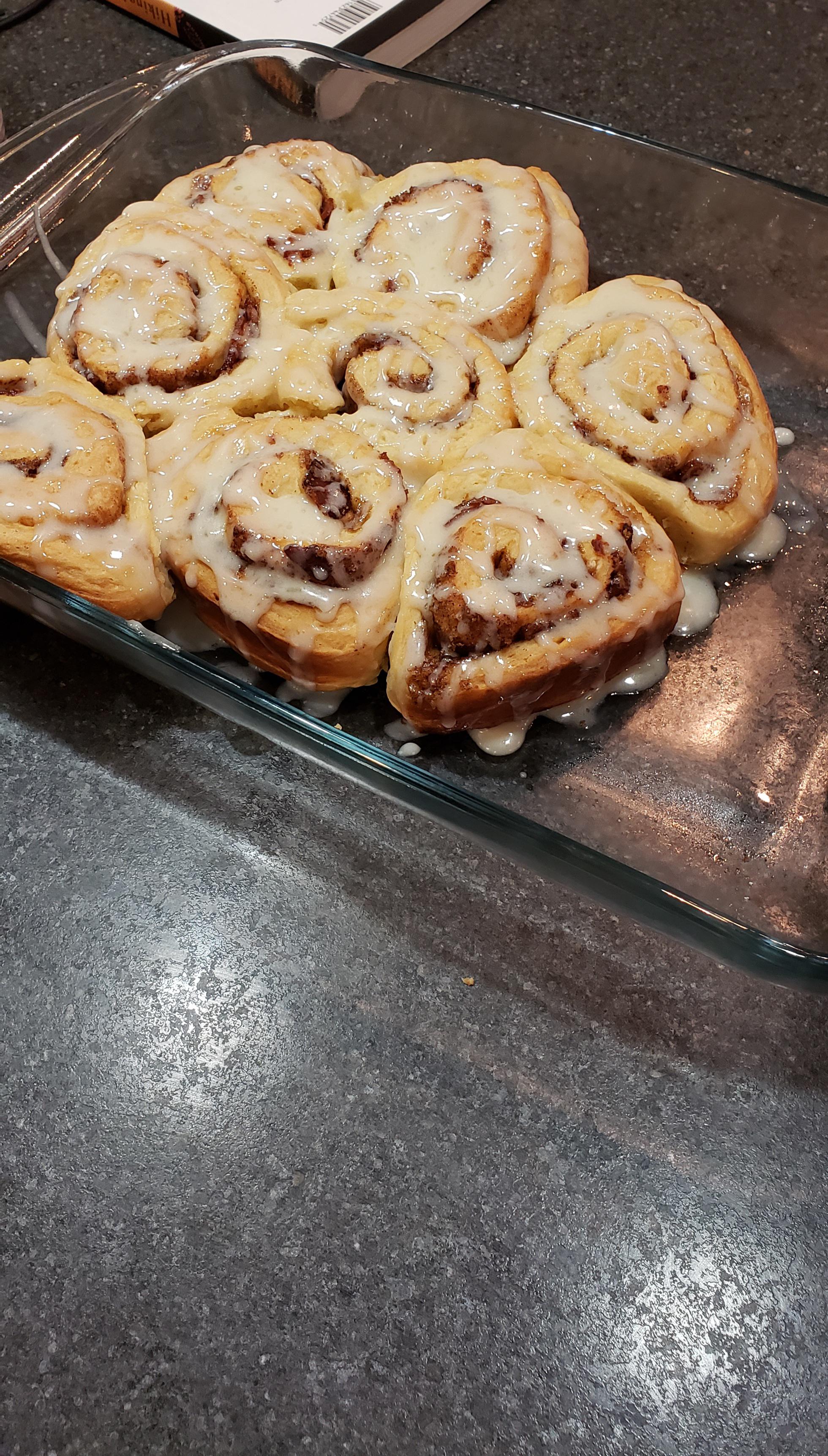 First attempt at cinnamon rolls. Stuffed them with chopped bacon, and then I made a maple ...