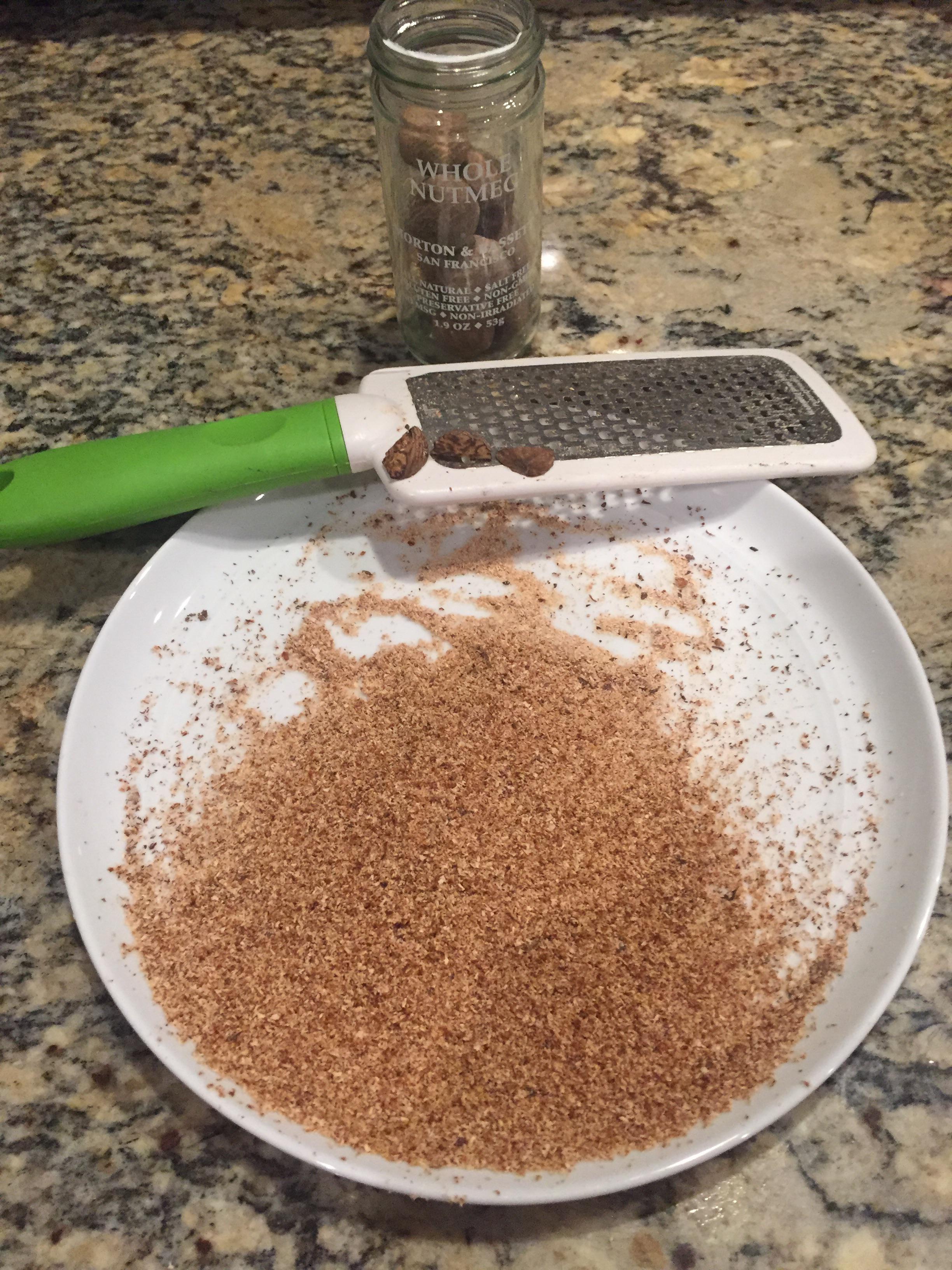 First time doing nutmeg! Ground up 3 whole nuts using a lemon zester, made a really fine powder ...