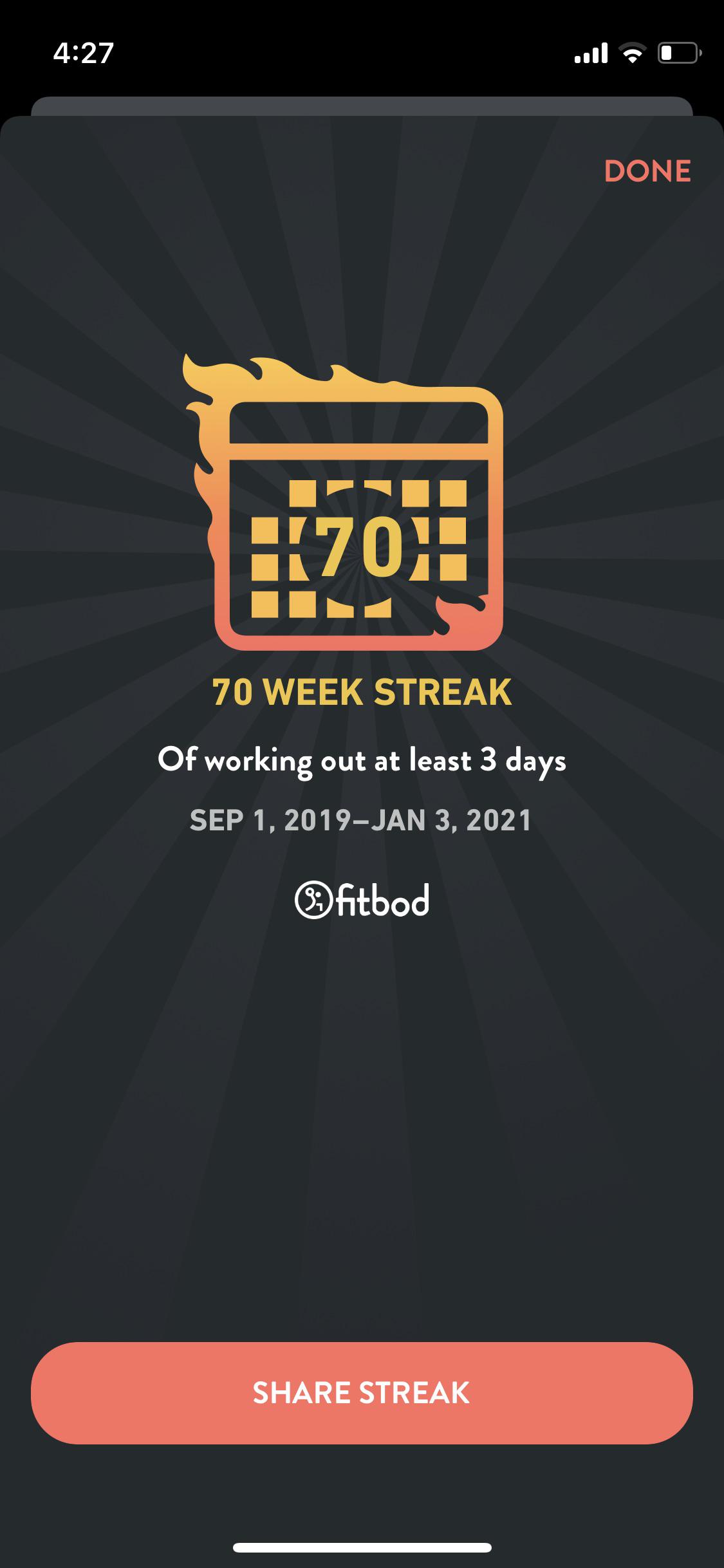 FitBod glitched on my 69 week streak, but I’ll take it! | Scrolller