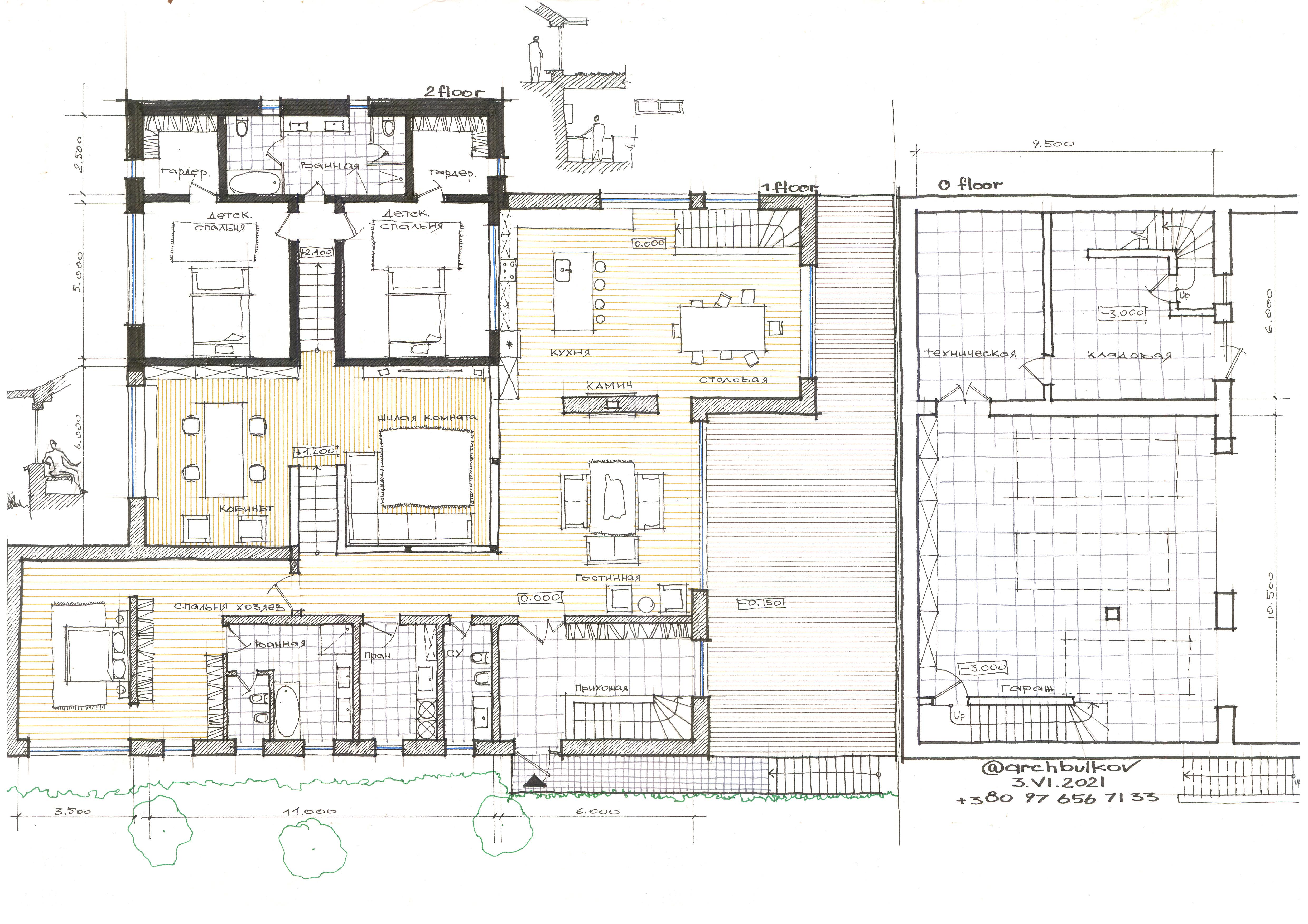 Floor plan of a multi-level house on a slope. Concept project. | Scrolller